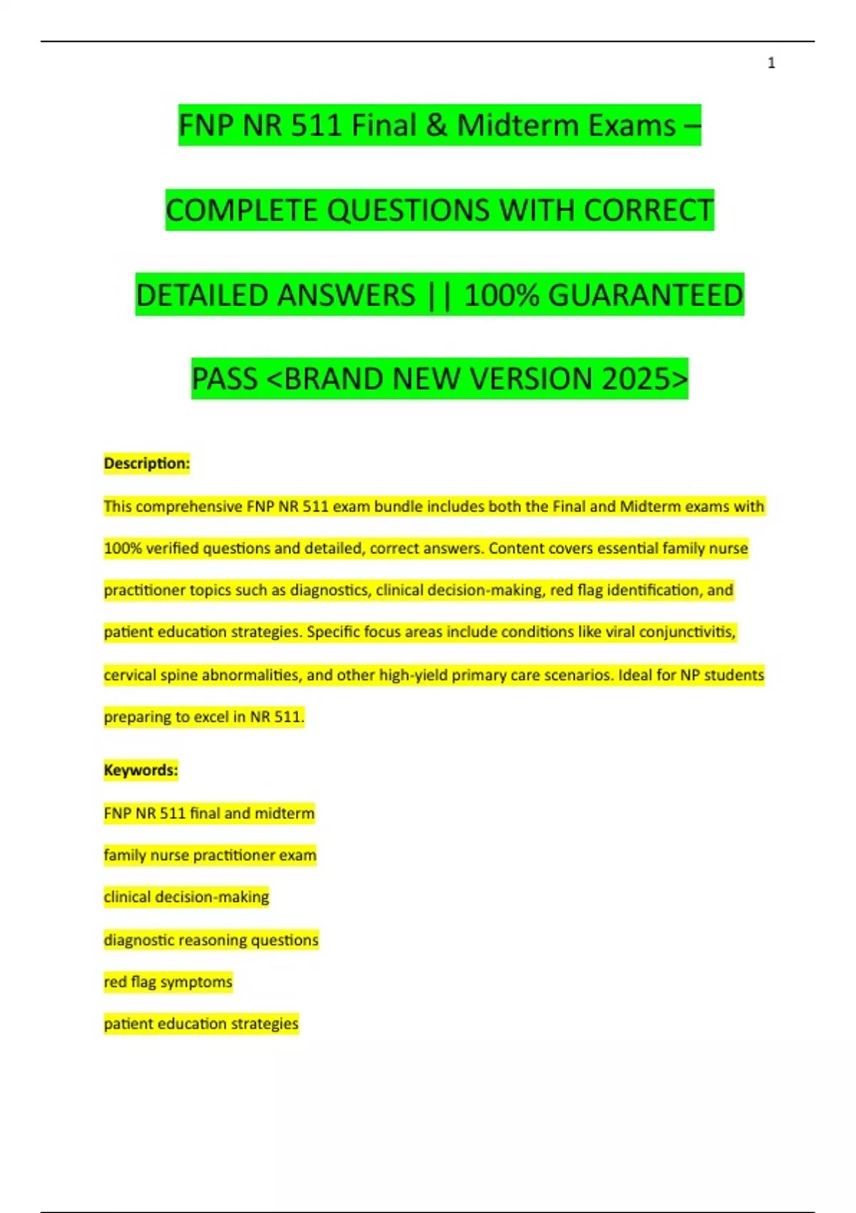 FNP NR 511 Final & Midterm Exams – COMPLETE QUESTIONS WITH CORRECT DETAILED ANSWERS || 100% ...