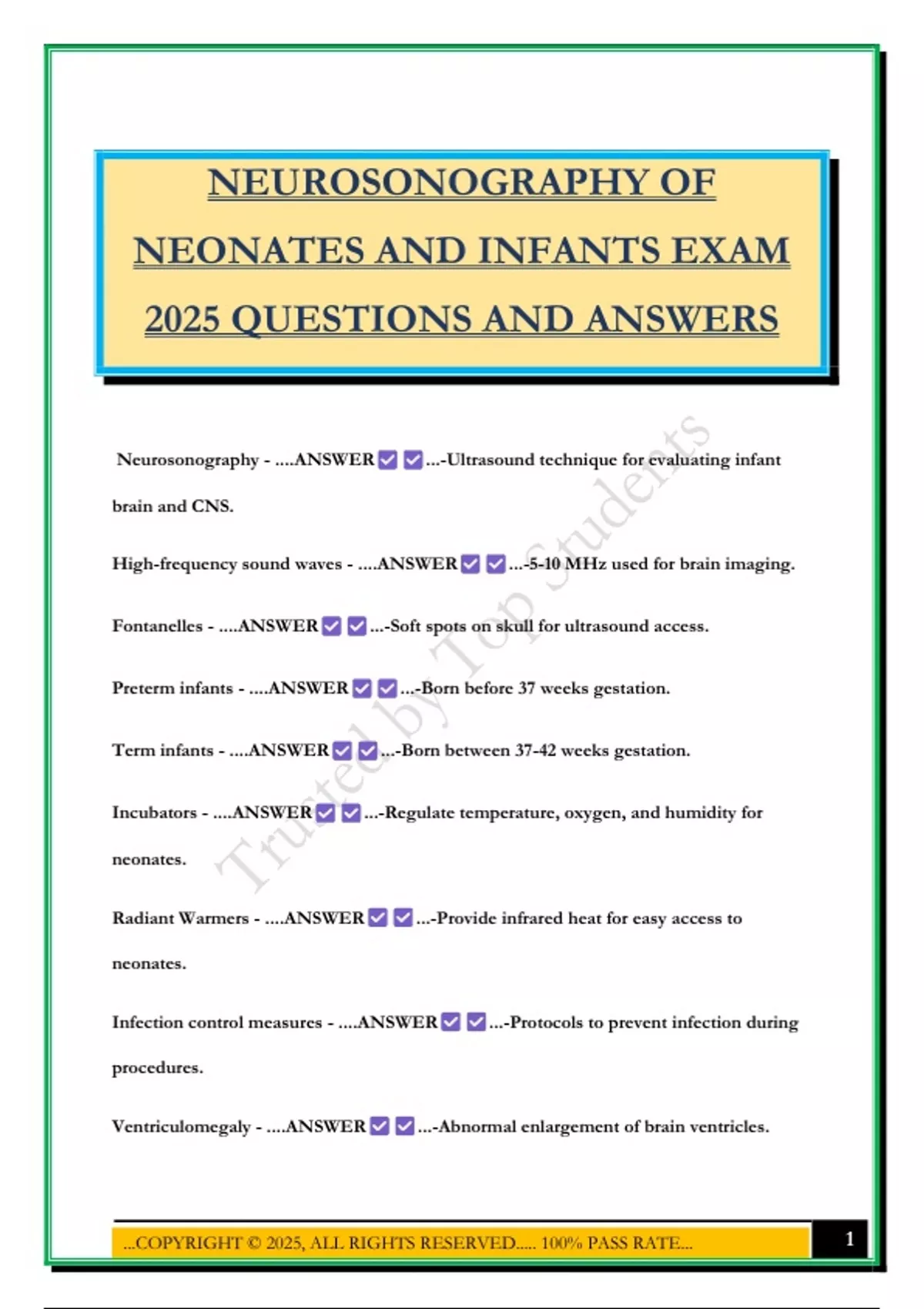 NEUROSONOGRAPHY OF NEONATES AND INFANTS EXAM 2025 QUESTIONS AND ANSWERS ...