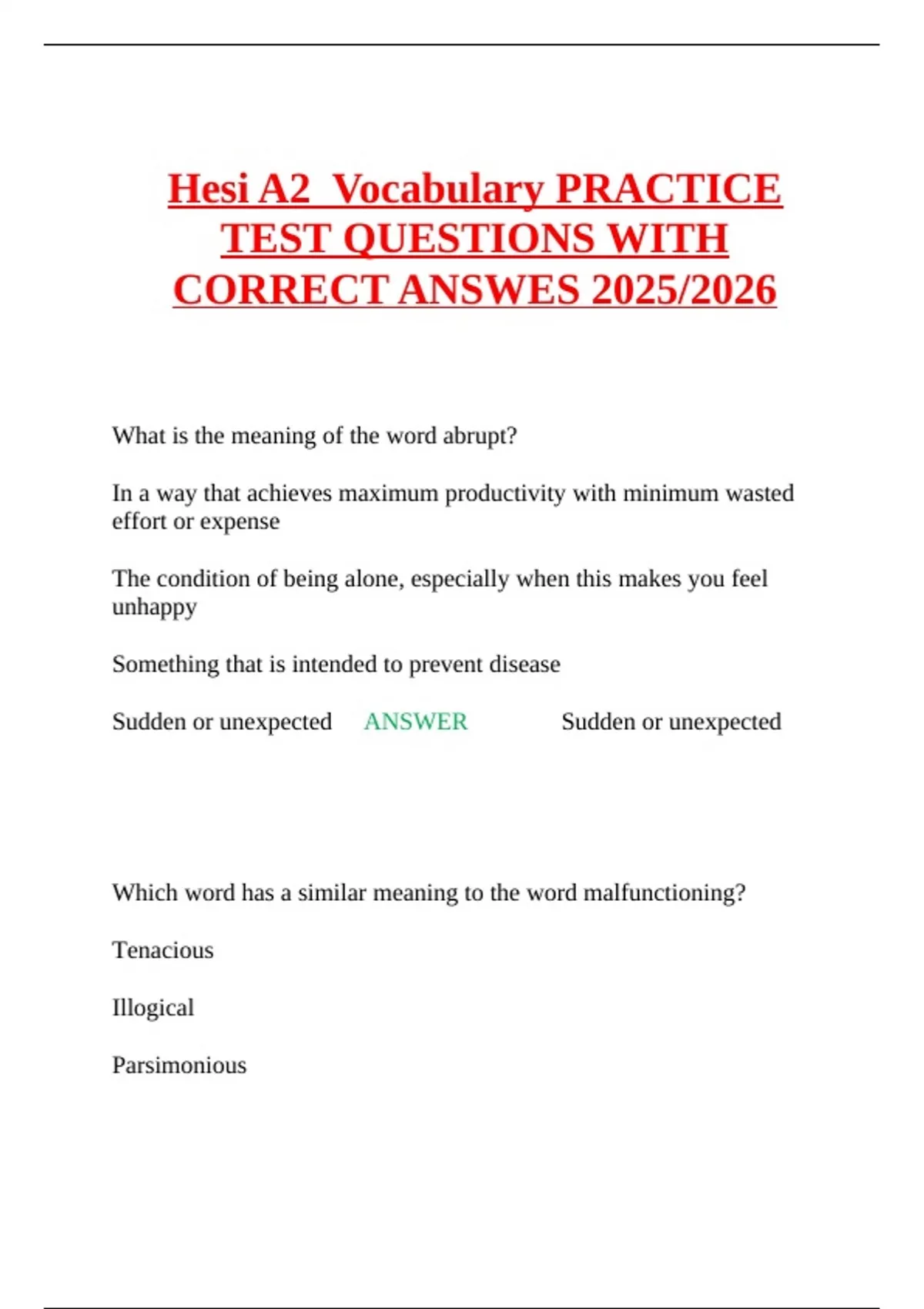 Hesi A2 Vocabulary PRACTICE TEST QUESTIONS WITH CORRECT ANSWES 2025/ ...