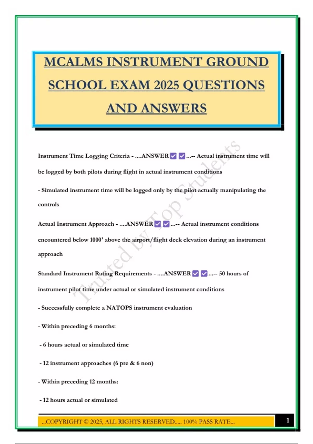 MCALMS INSTRUMENT GROUND SCHOOL EXAM 2025 QUESTIONS AND ANSWERS ...