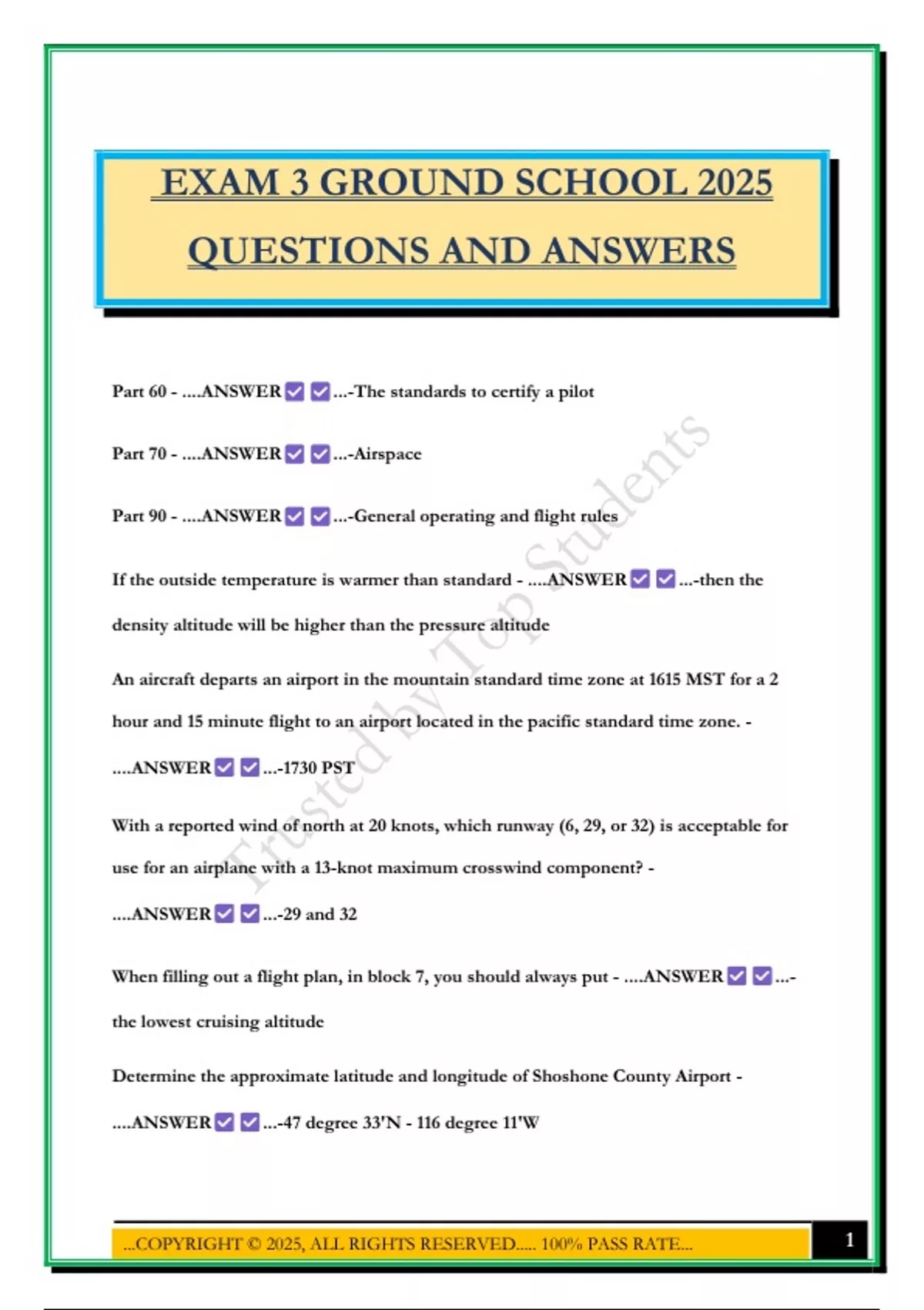 EXAM 3 GROUND SCHOOL 2025 QUESTIONS AND ANSWERS - Private pilot - Stuvia US