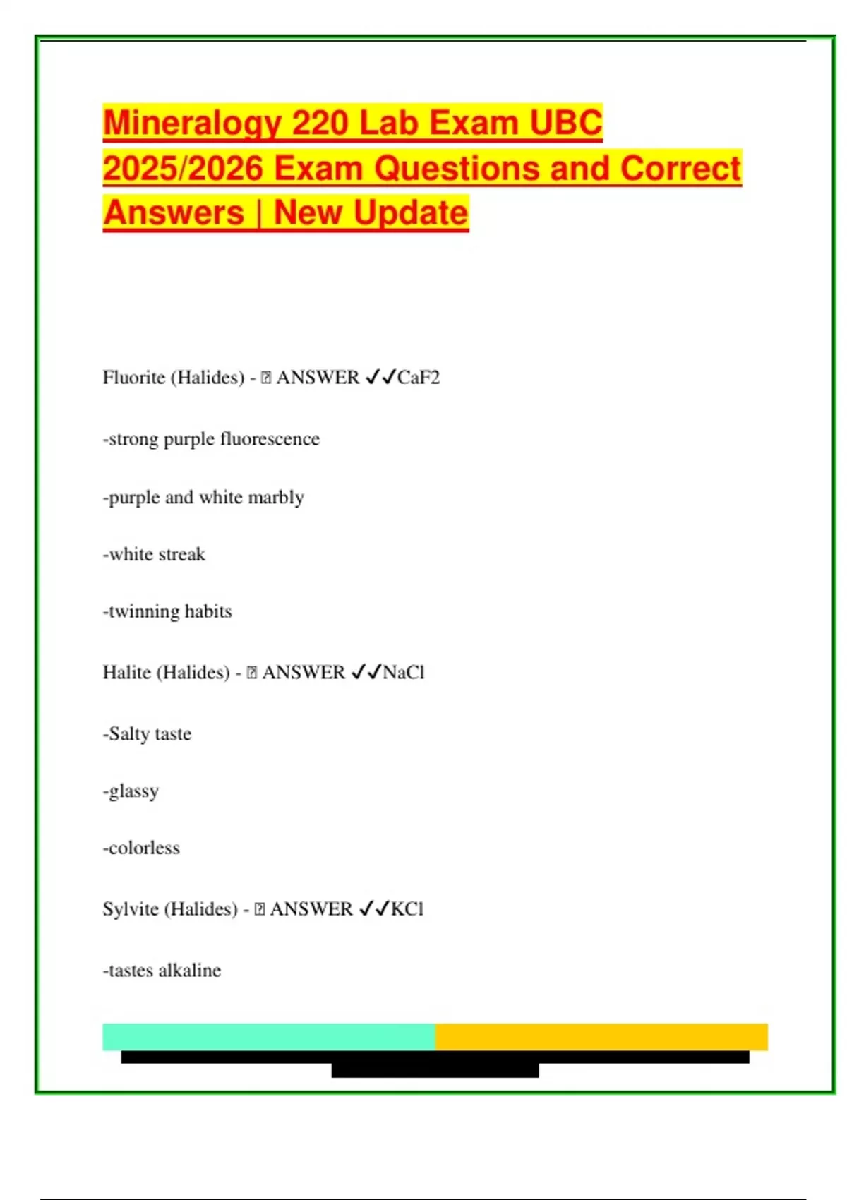 Mineralogy 220 Lab Exam UBC 2025/2026 Exam Questions and Correct ...