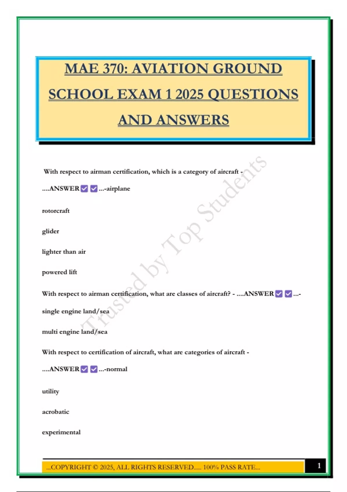 MAE 370: AVIATION GROUND SCHOOL EXAM 1 2025 QUESTIONS AND ANSWERS ...