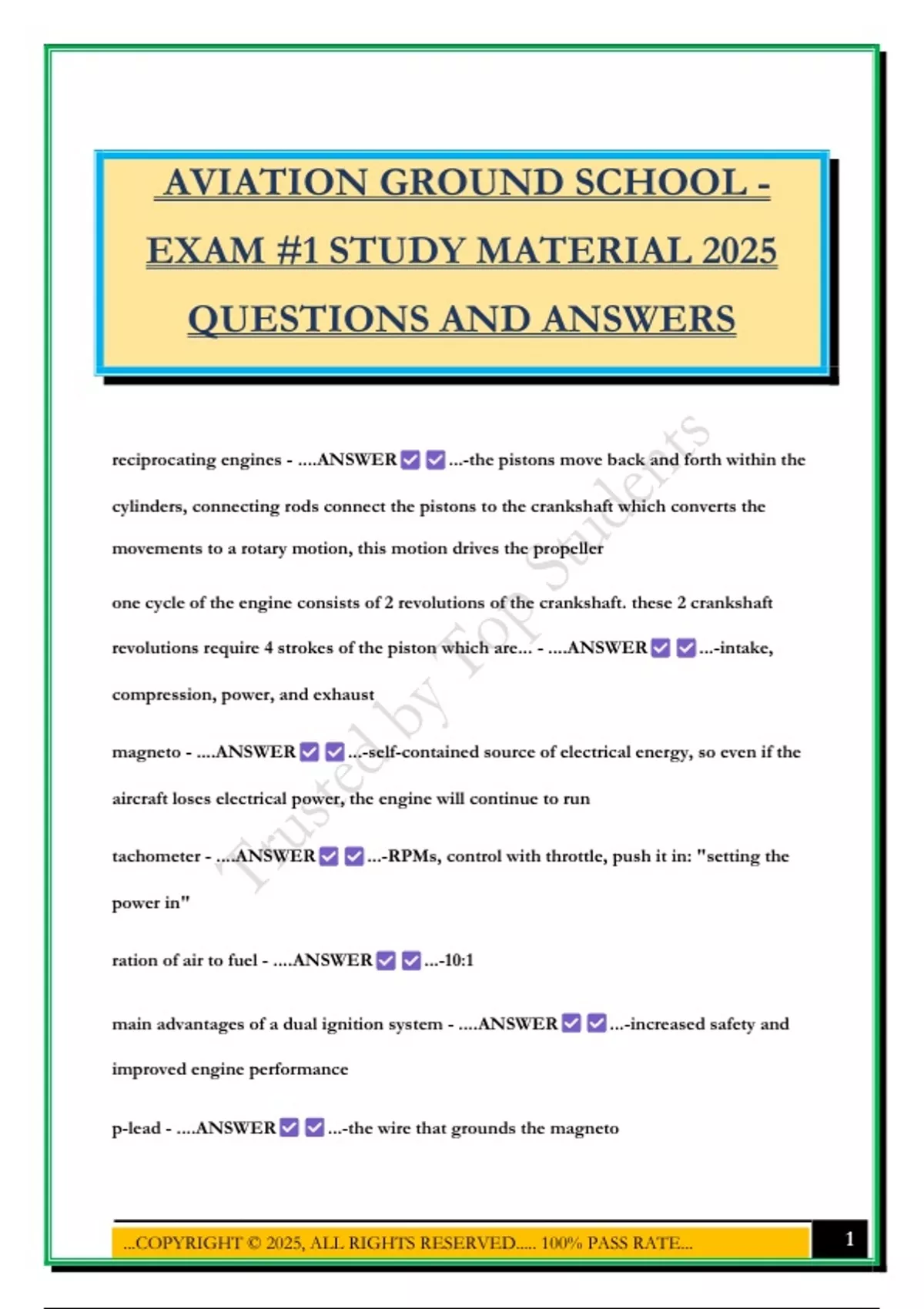 AVIATION GROUND SCHOOL - EXAM #1 STUDY MATERIAL 2025 QUESTIONS AND ...