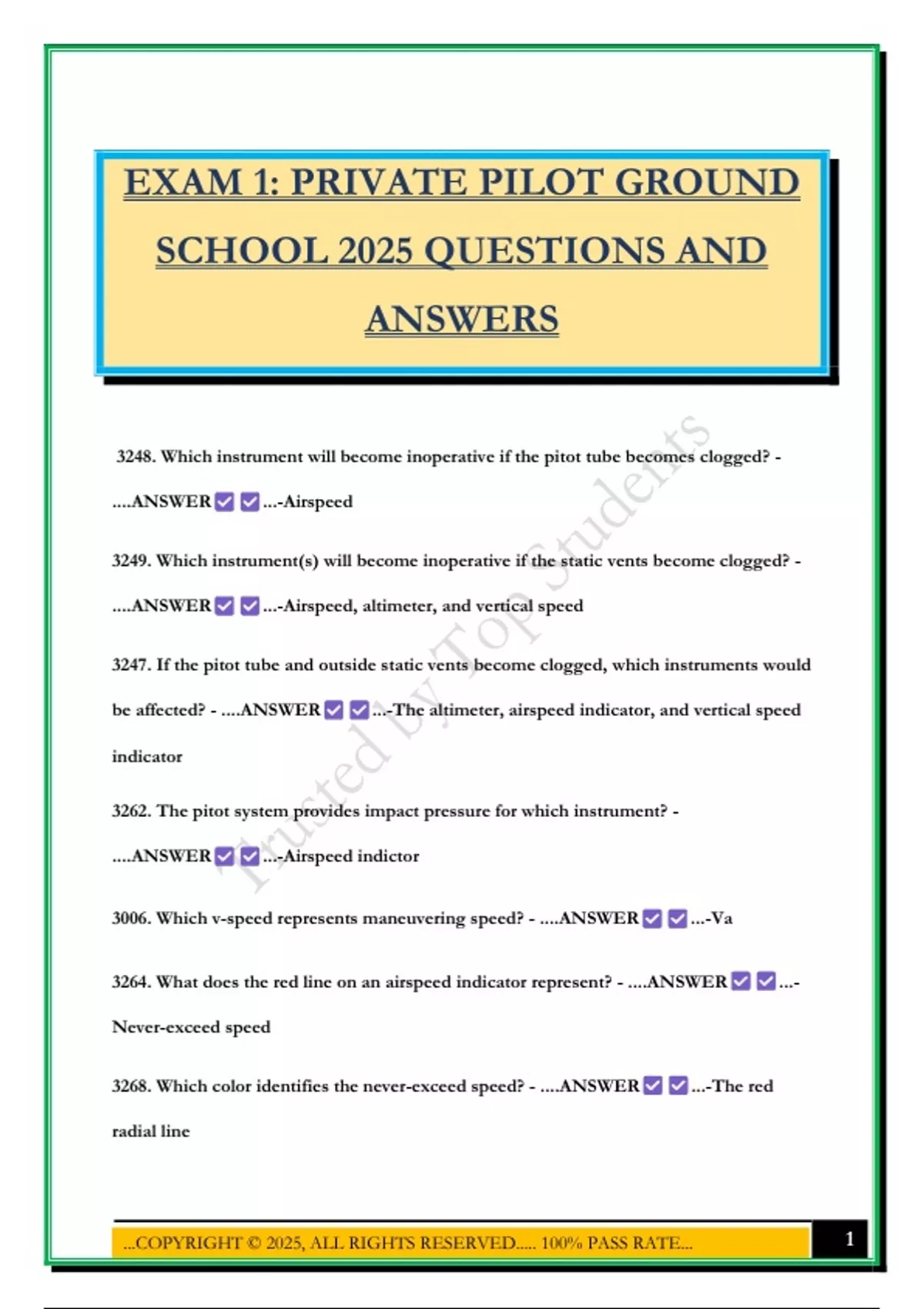 EXAM 1: PRIVATE PILOT GROUND SCHOOL 2025 QUESTIONS AND ANSWERS ...