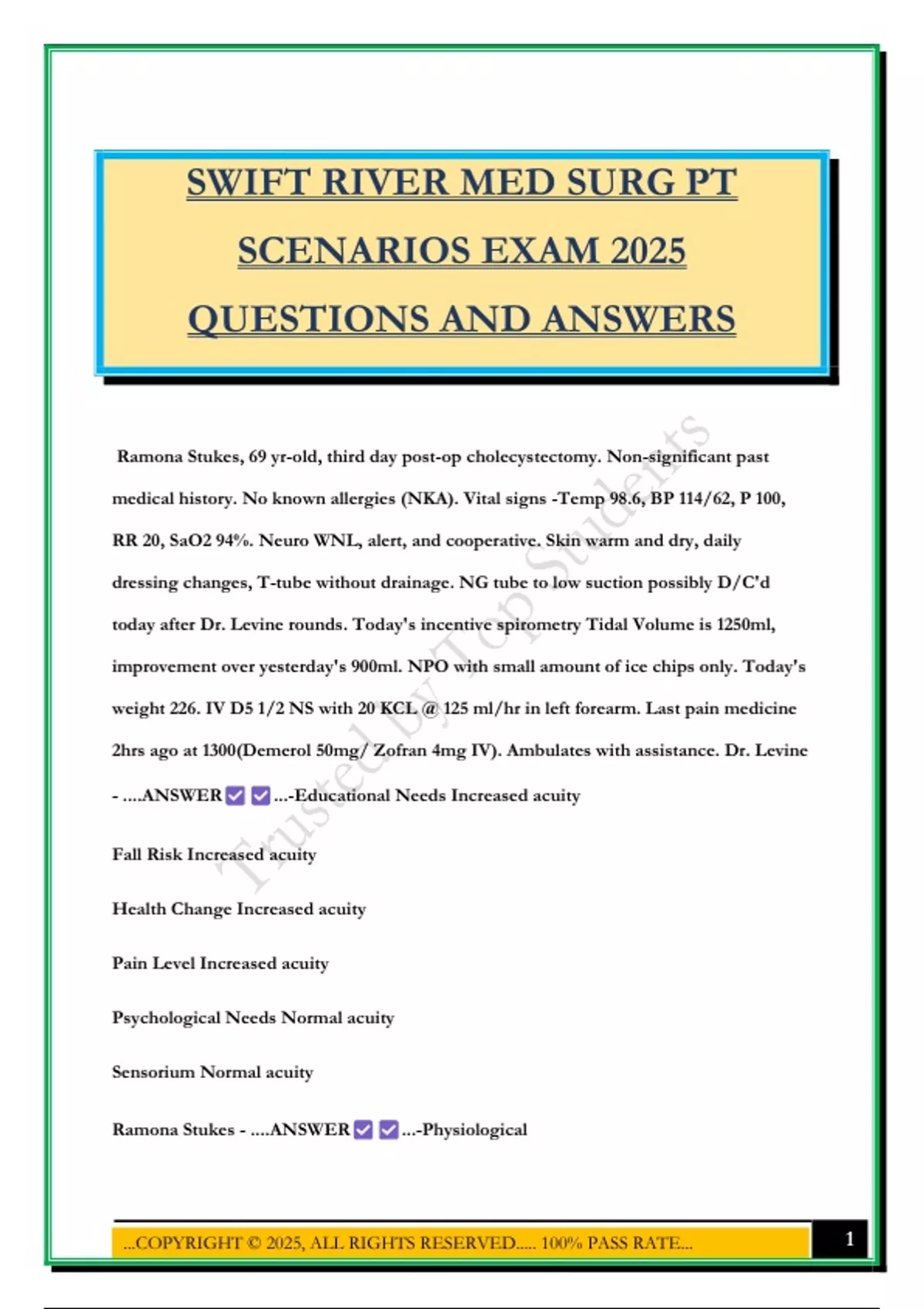 SWIFT RIVER MED SURG PT SCENARIOS EXAM 2025 QUESTIONS AND ANSWERS - Swift River - Stuvia US
