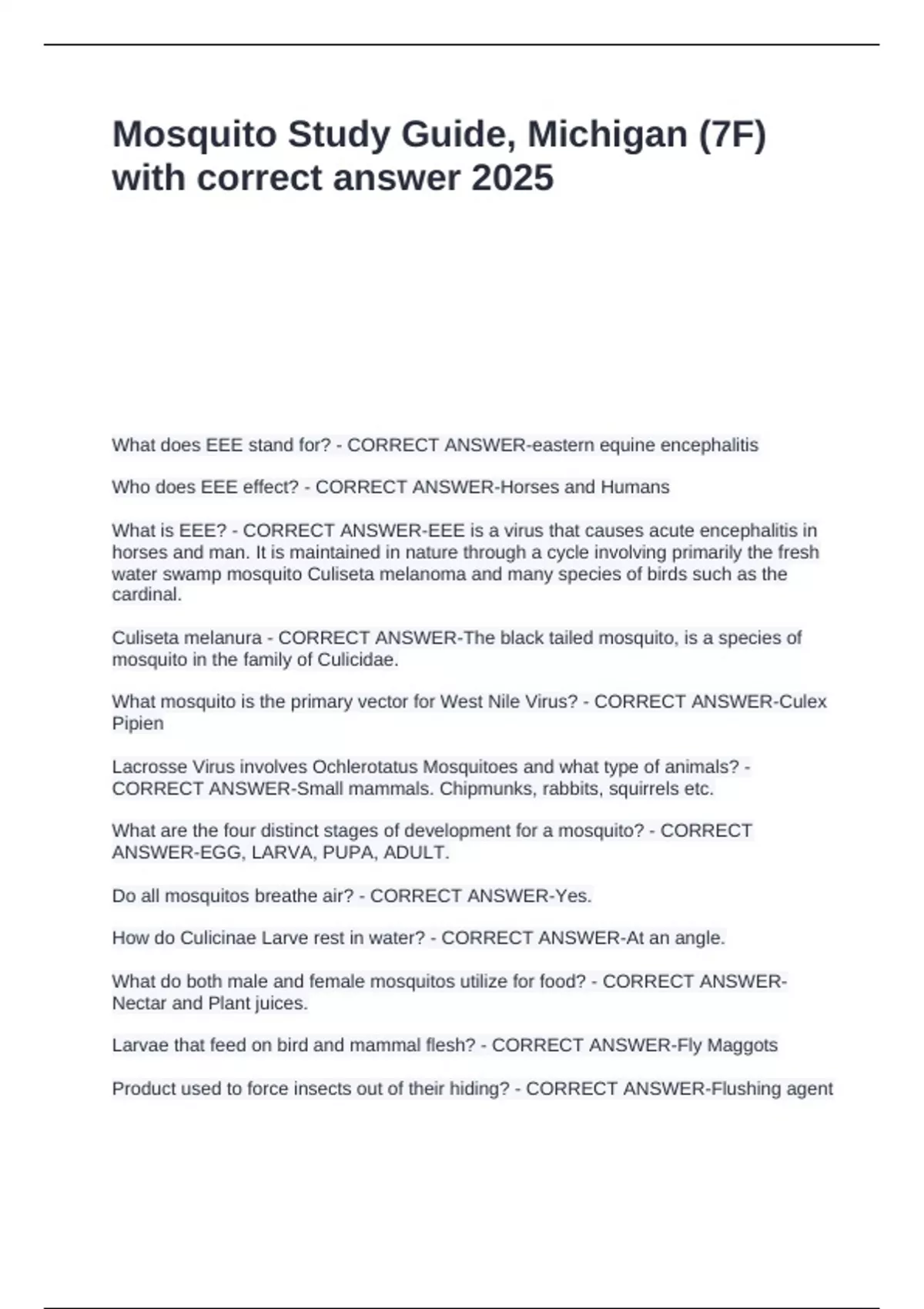 Mosquito Study Guide, Michigan (7F) with correct answer 2025 - Mosquito ...