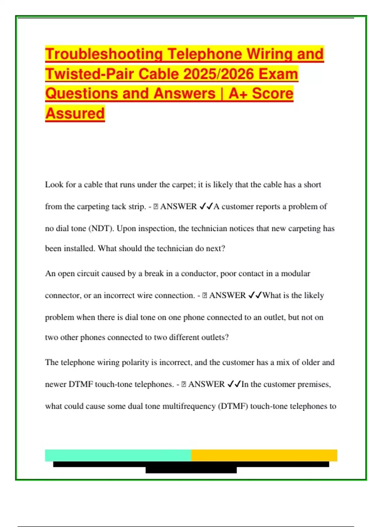Troubleshooting Telephone Wiring and Twisted-Pair Cable 2025/2026 Exam ...