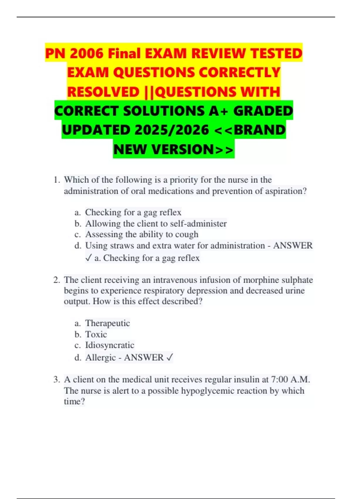 PN 2006 Final EXAM REVIEW TESTED EXAM QUESTIONS CORRECTLY RESOLVED ...