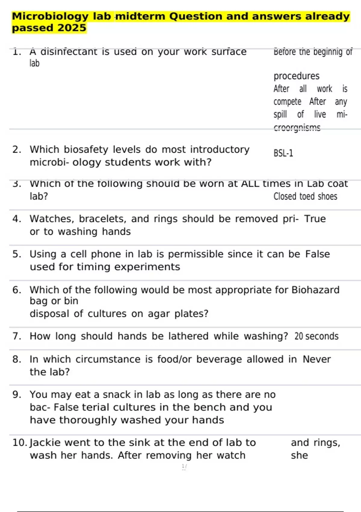 Microbiology lab midterm Question and answers already passed 2025 ...
