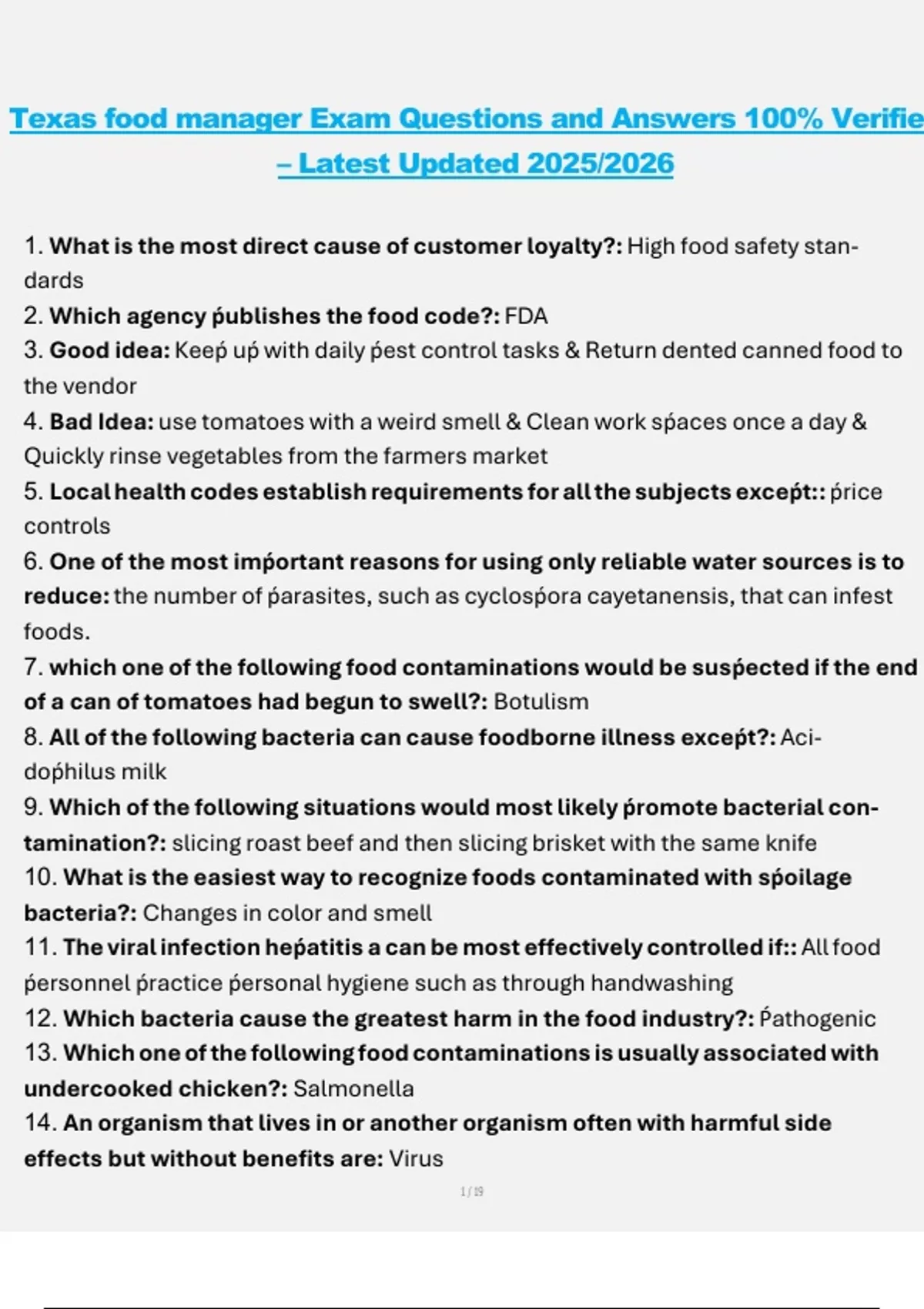 Texas Food Manager Exam Questions and Answers 100% Verified – Latest ...