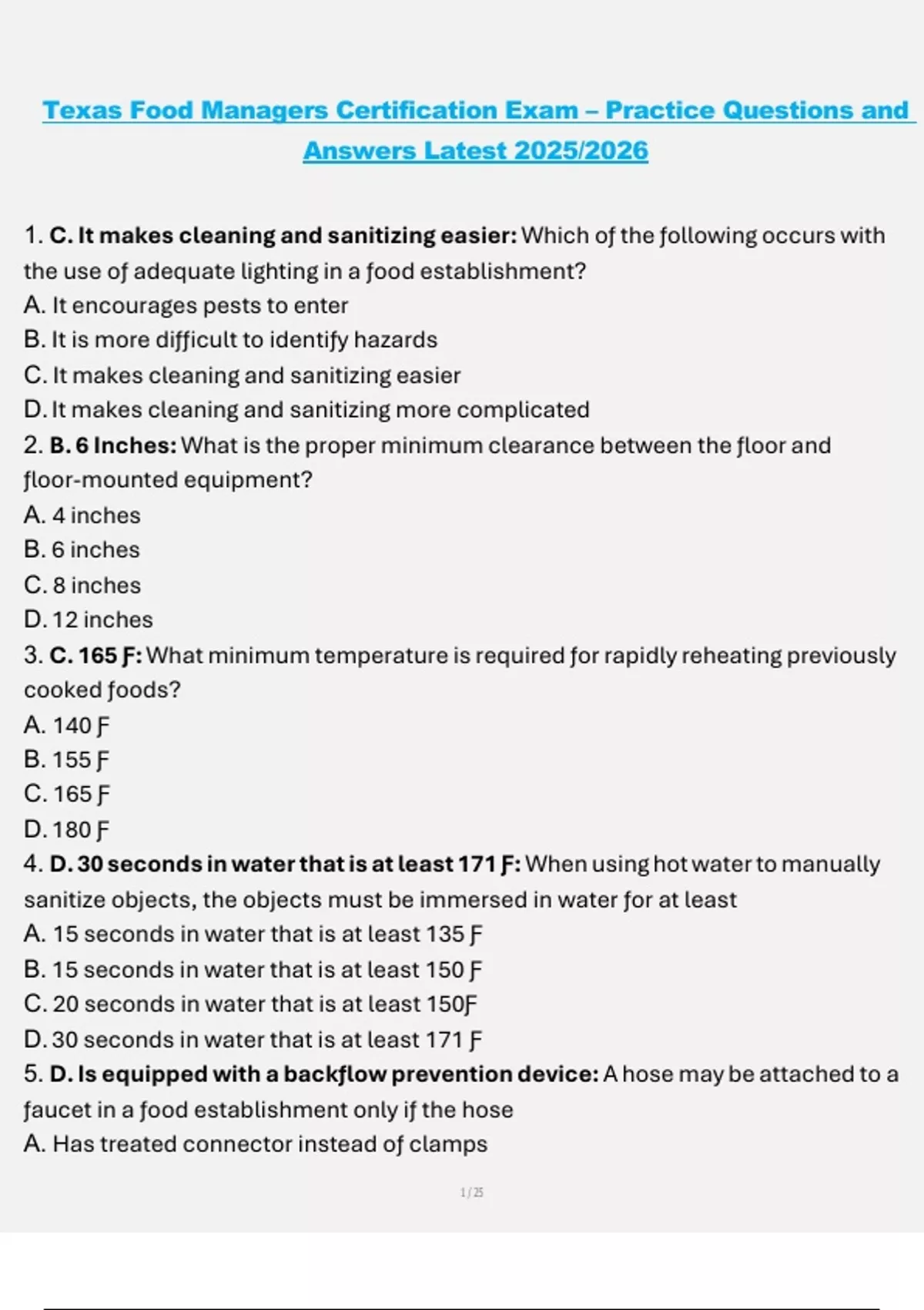 Texas Food Managers Certification Exam – Practice Questions and Answers ...