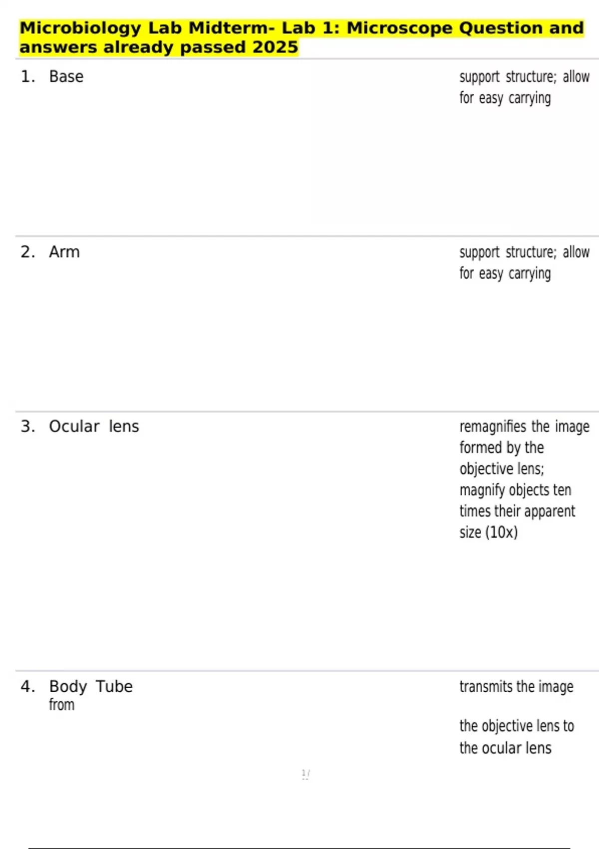 Microbiology Lab Midterm- Lab 1: Microscope Question and answers already passed 2025 ...