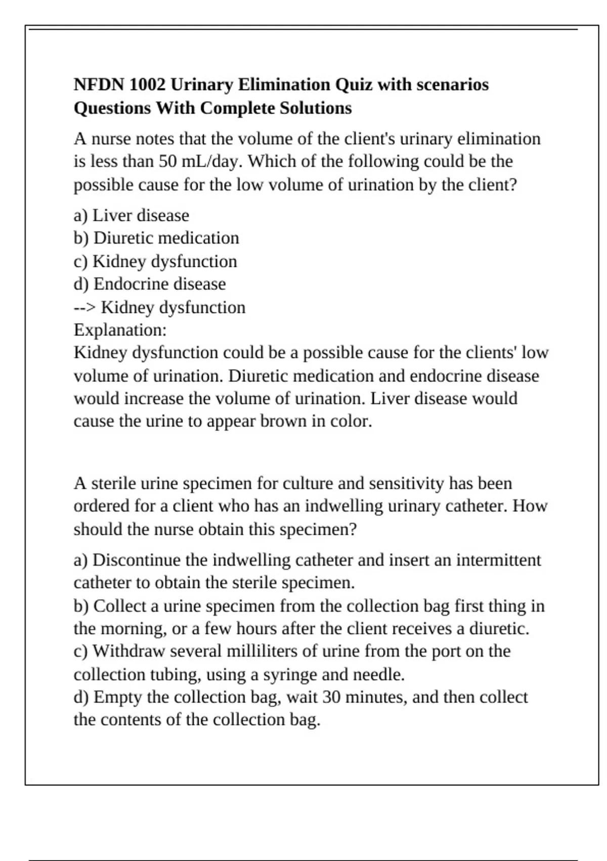 NFDN 1002 Urinary Elimination Quiz with scenarios Questions With ...
