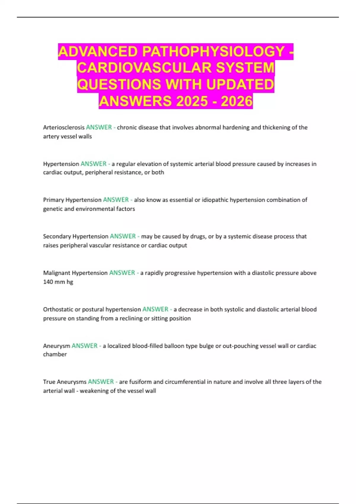 ADVANCED PATHOPHYSIOLOGY - CARDIOVASCULAR SYSTEM QUESTIONS WITH UPDATED ...