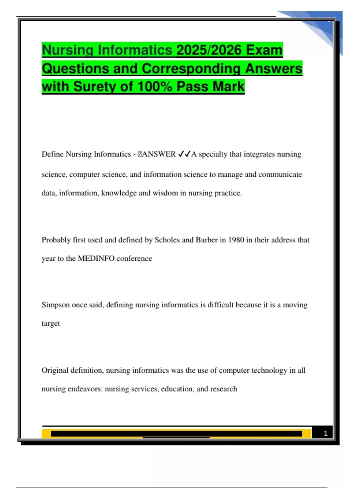 Nursing Informatics 2025/2026 Exam Questions and Corresponding Answers ...
