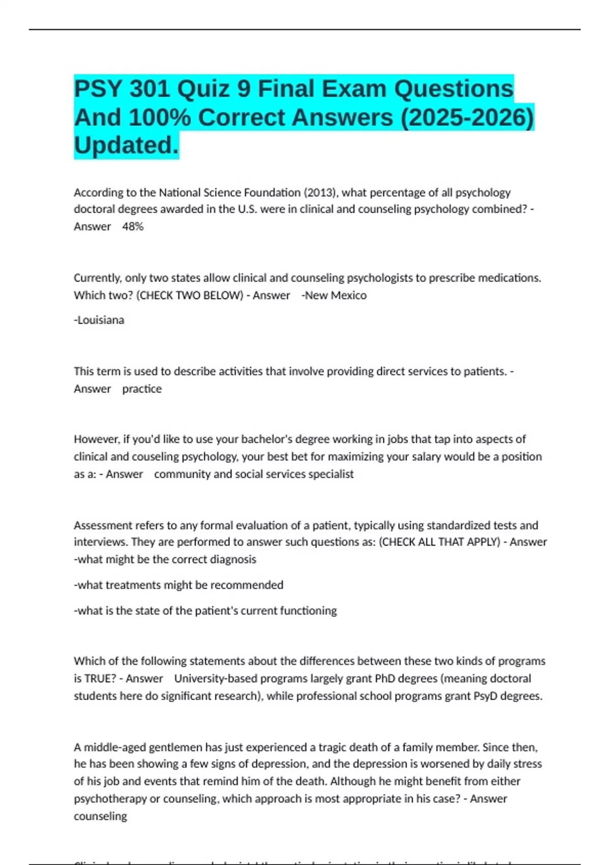 PSY 301 Quiz 9 Final Exam Questions And 100% Correct Answers () Updated. - PSY 211 - Stuvia US