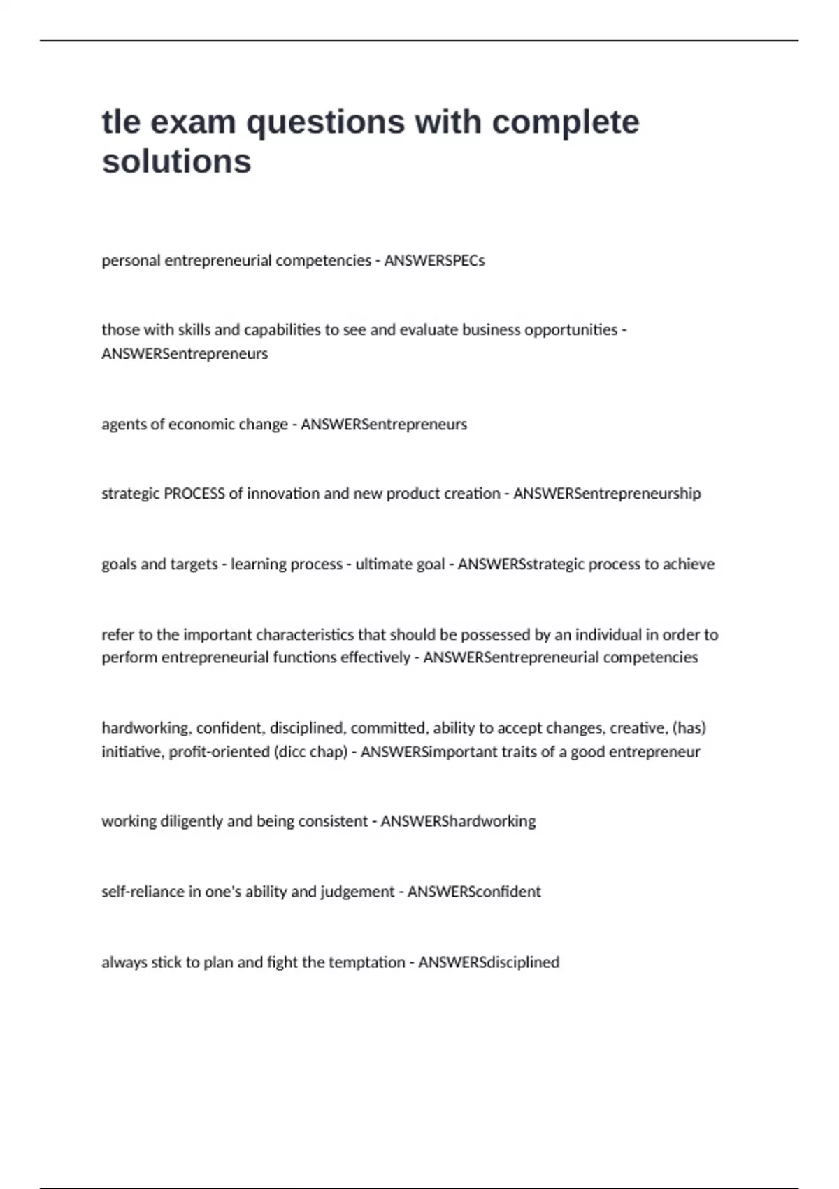 tle exam questions with complete solutions - Tle - Stuvia US