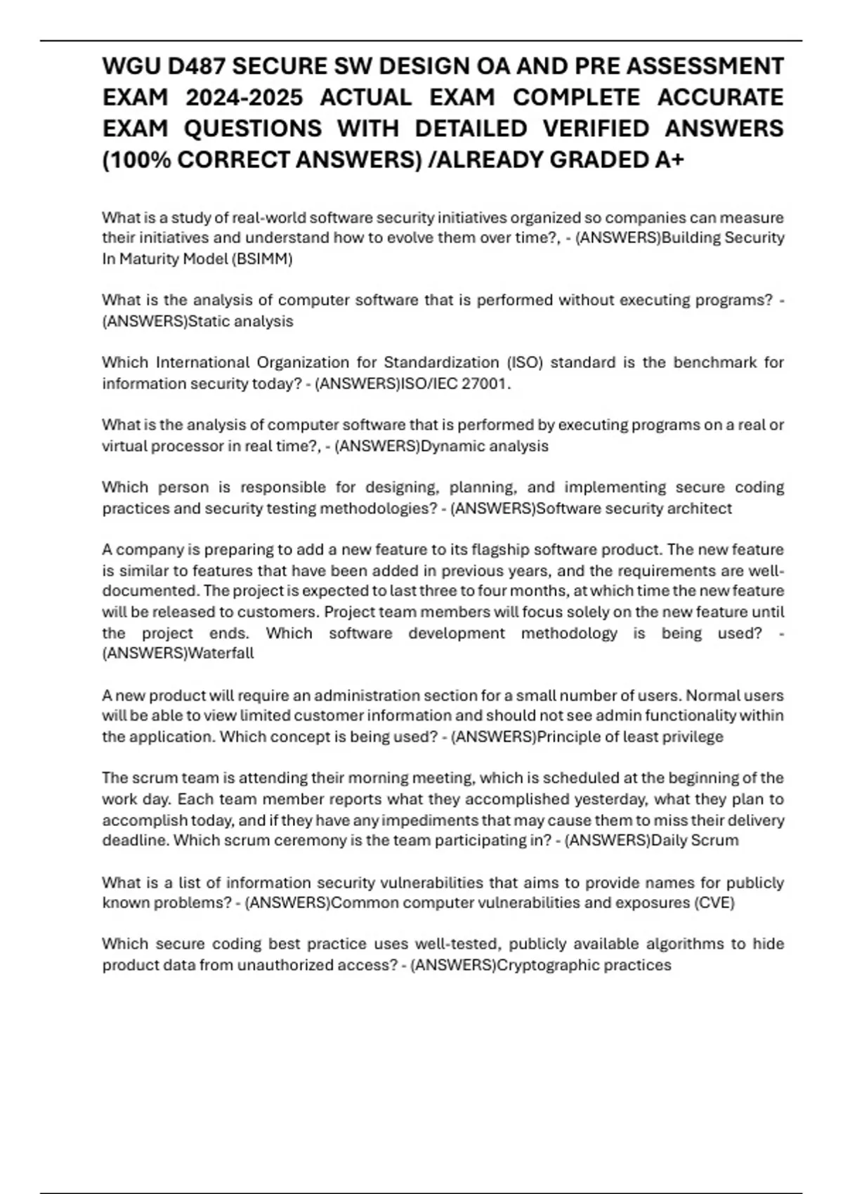 WGU D487 SECURE SW DESIGN OA AND PRE ASSESSMENT EXAM ACTUAL EXAM ...