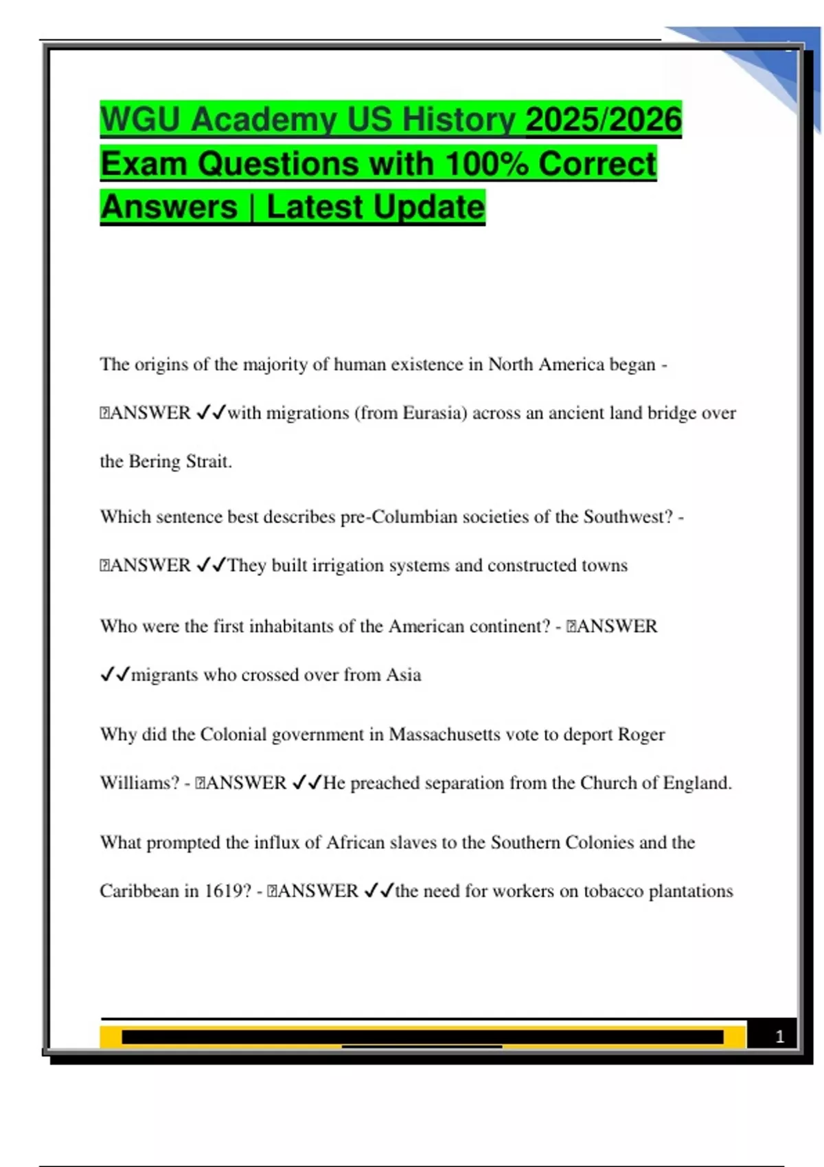 WGU Academy US History 2025/2026 Exam Questions with 100% Correct ...