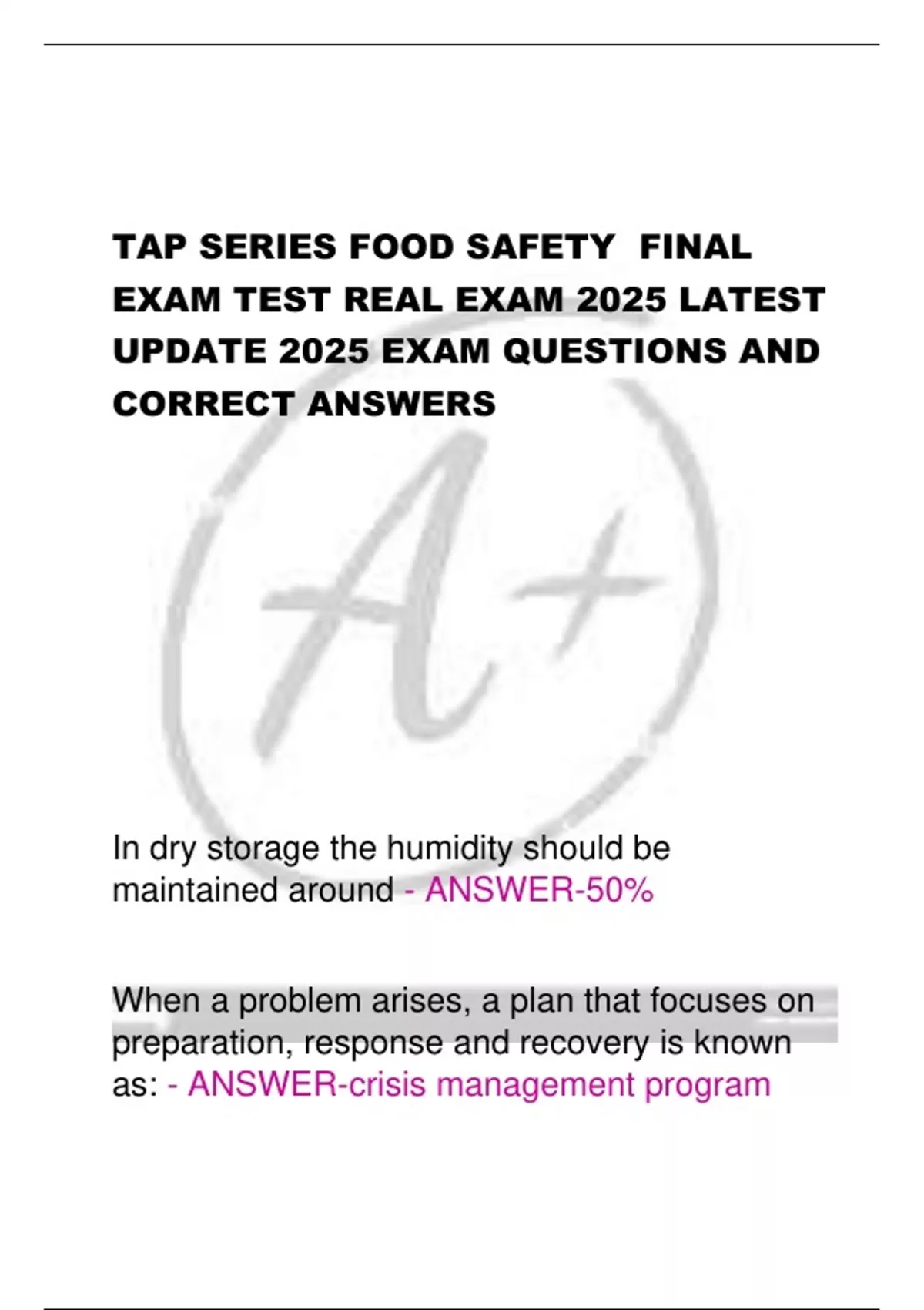 TAP SERIES FOOD SAFETY FINAL EXAM TEST REAL EXAM 2025 LATEST UPDATE ...