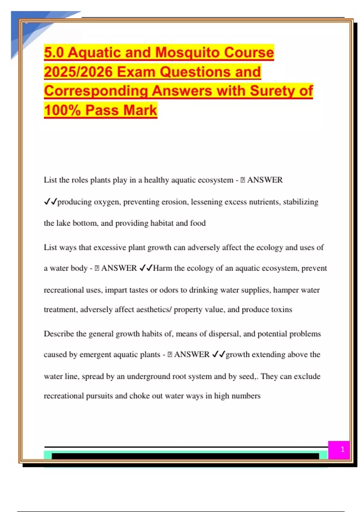 5.0 Aquatic and Mosquito Course 2025/2026 Exam Questions and ...