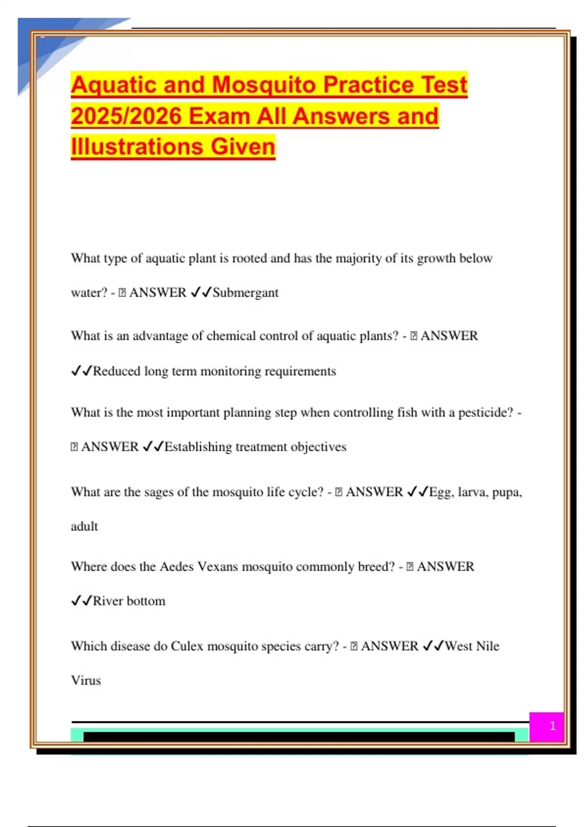 Aquatic and Mosquito Practice Test 2025/2026 Exam All Answers and ...