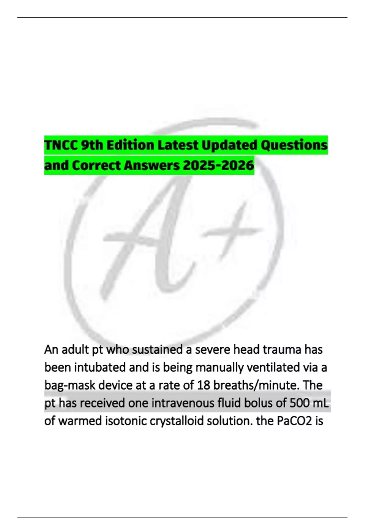 TNCC 9th Edition Latest Updated Questions and Correct Answers - TNCC ...