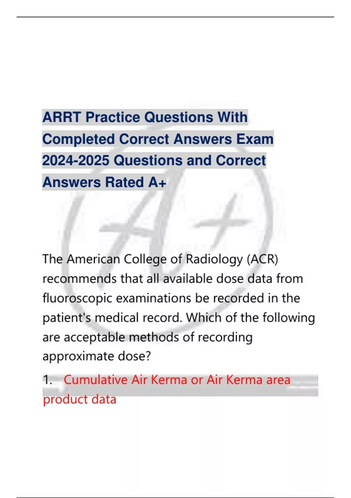ARRT Practice Questions With Completed Correct Answers Exam Questions ...