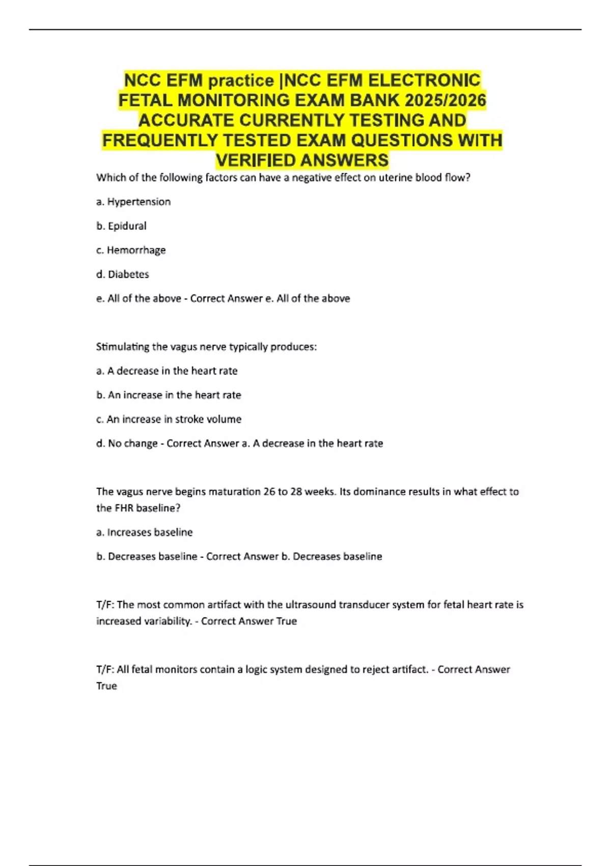 NCC EFM practice |NCC EFM ELECTRONIC FETAL MONITORING EXAM BANK 2025/2026 ACCURATE CURRENTLY ...