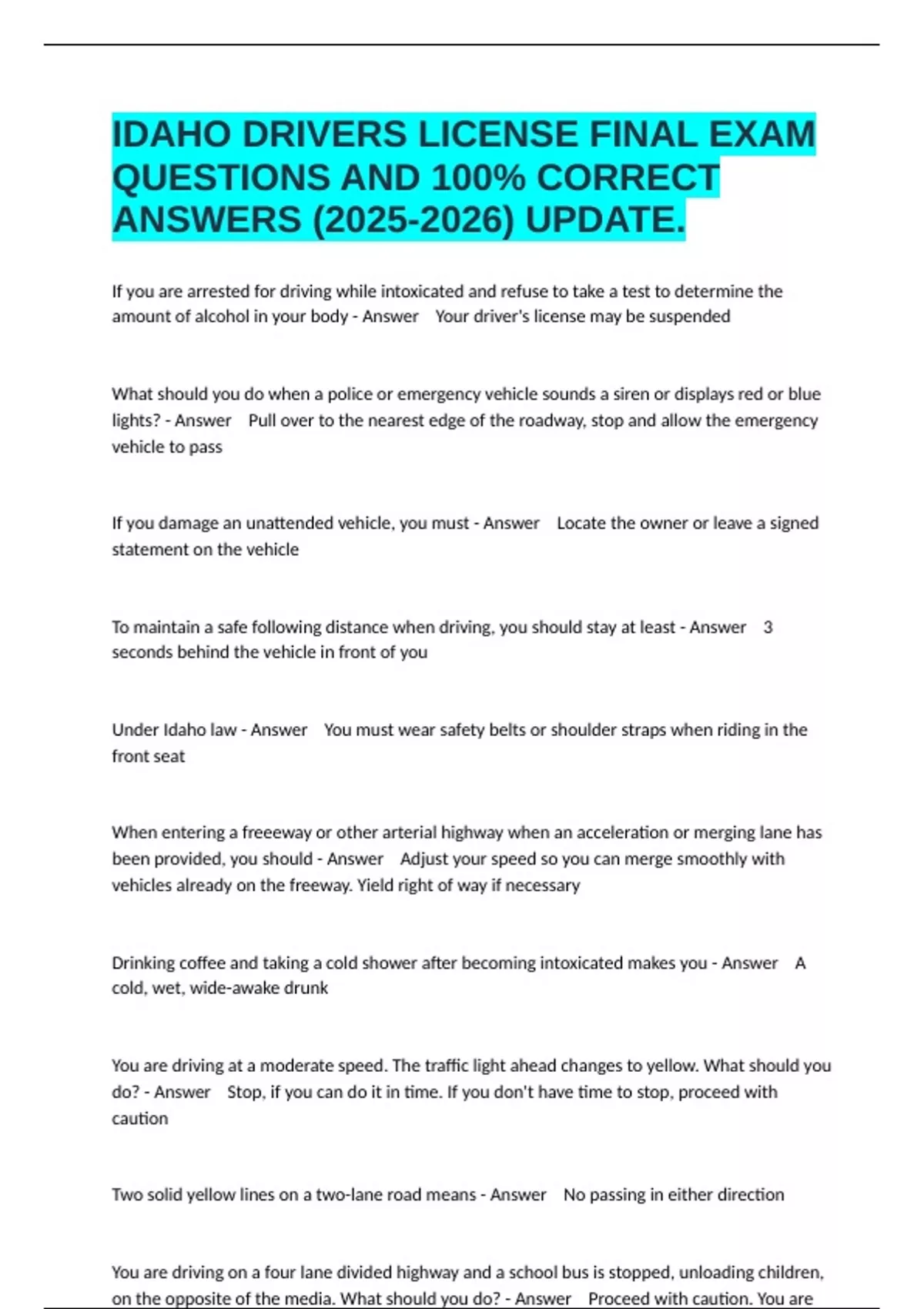 IDAHO DRIVERS LICENSE FINAL EXAM QUESTIONS AND 100% CORRECT ANSWERS ...