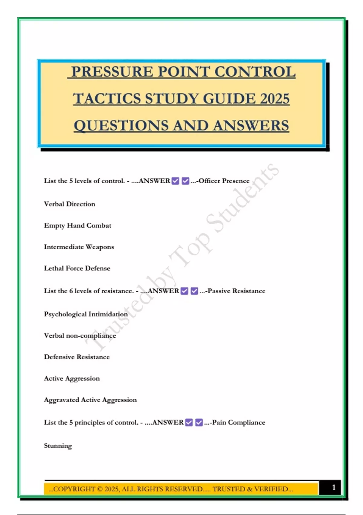PRESSURE POINT CONTROL TACTICS STUDY GUIDE 2025 QUESTIONS AND ANSWERS ...