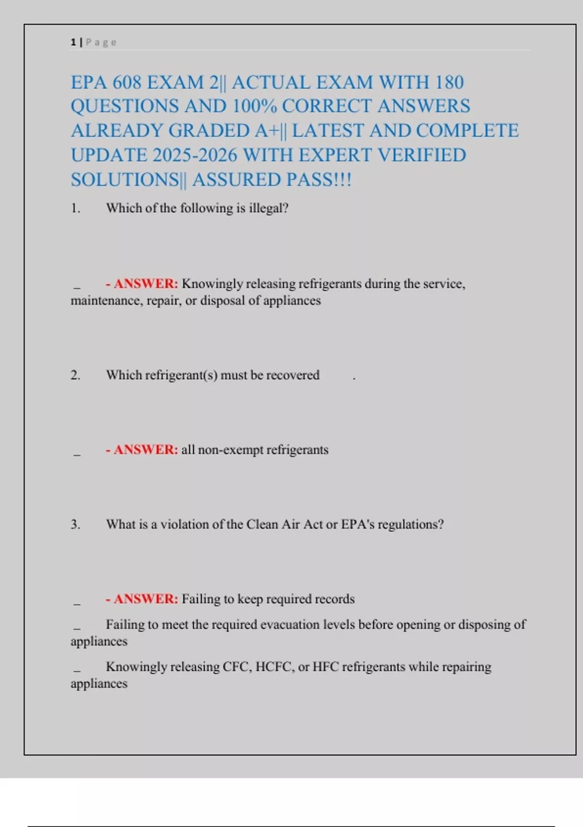 EPA 608 EXAM 2|| ACTUAL EXAM WITH 180 QUESTIONS AND 100% CORRECT ...