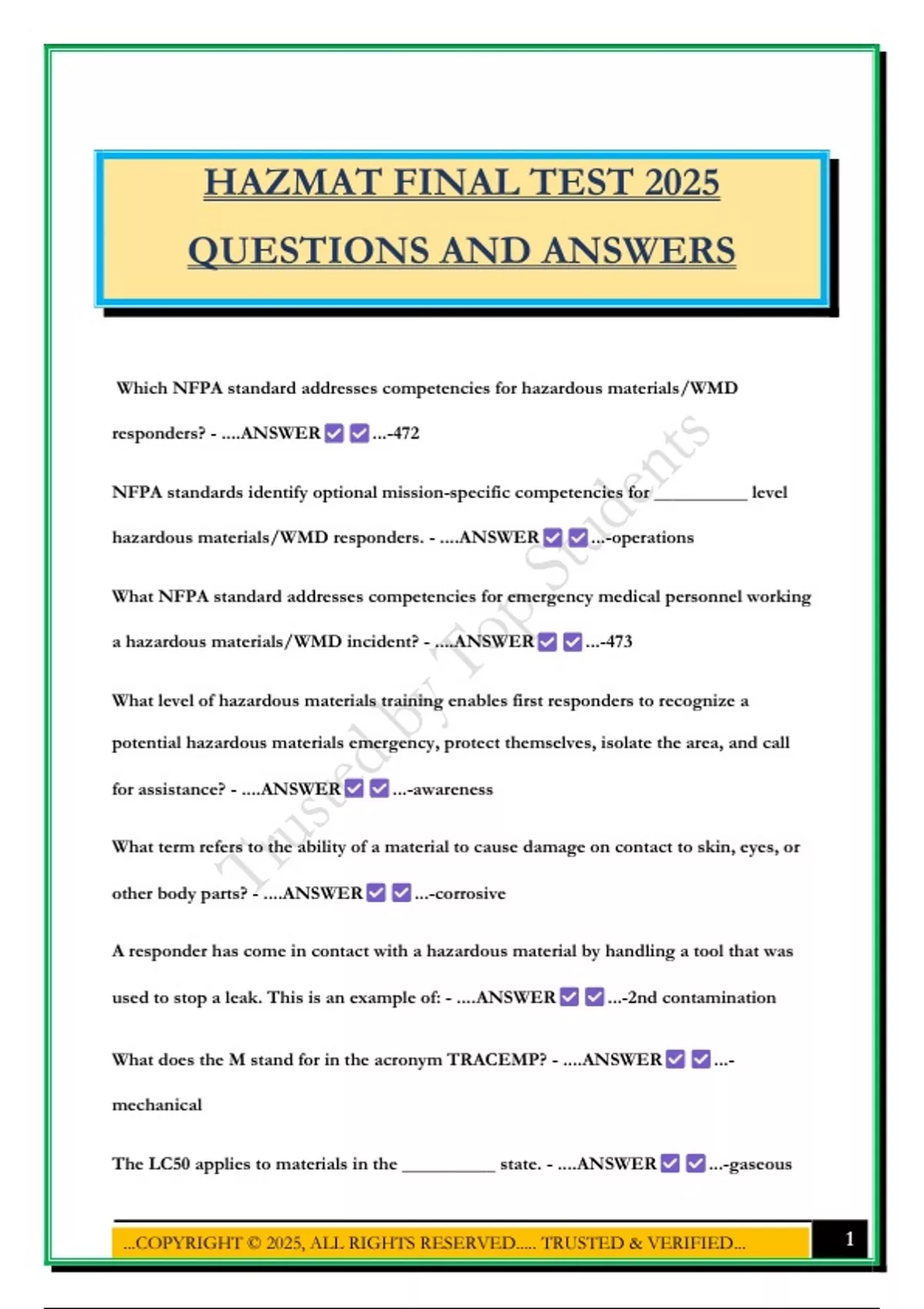 HAZMAT FINAL TEST 2025 QUESTIONS AND ANSWERS - Hazmat - Stuvia US
