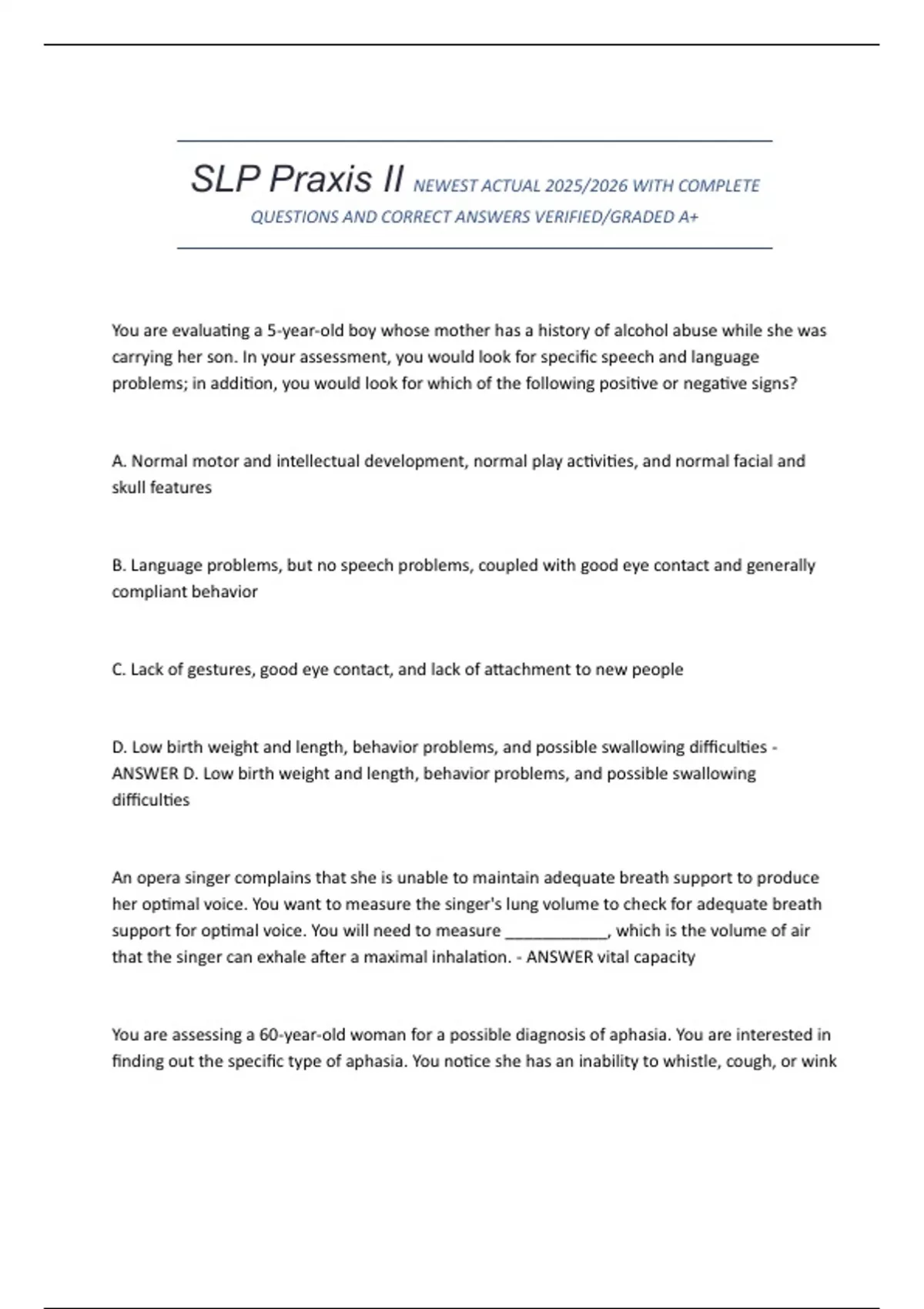 SLP Praxis II NEWEST ACTUAL 2025/2026 WITH COMPLETE QUESTIONS AND ...