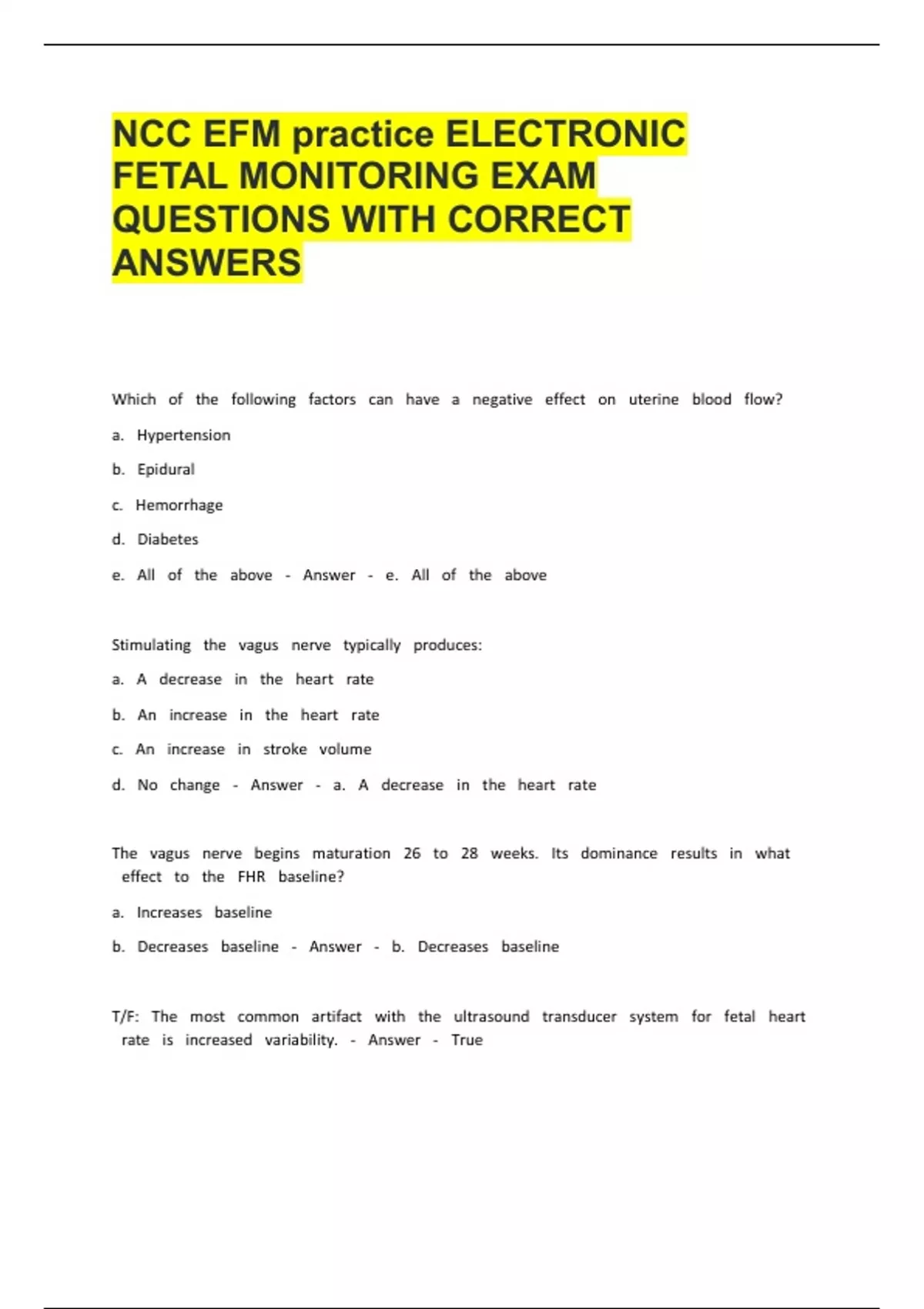 NCC EFM practice ELECTRONIC FETAL MONITORING EXAM QUESTIONS WITH ...