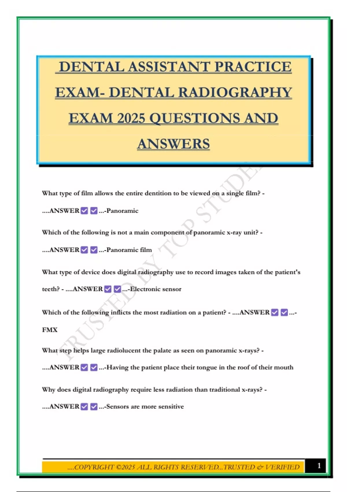 DENTAL ASSISTANT PRACTICE EXAM- DENTAL RADIOGRAPHY EXAM 2025 QUESTIONS AND ANSWERS - Dental ...