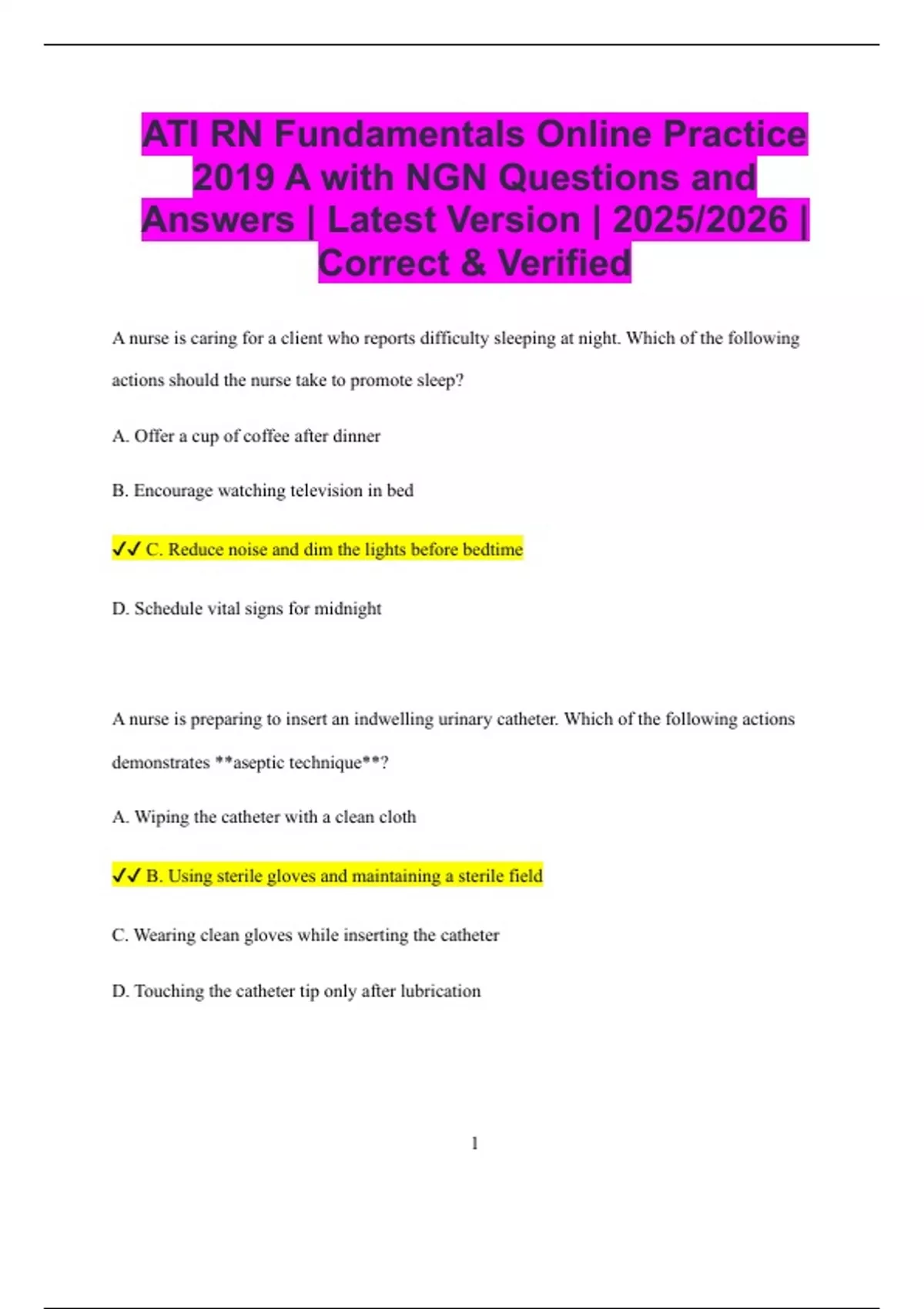 Rn Fundamentals Online Practice 2019 A With Ngn