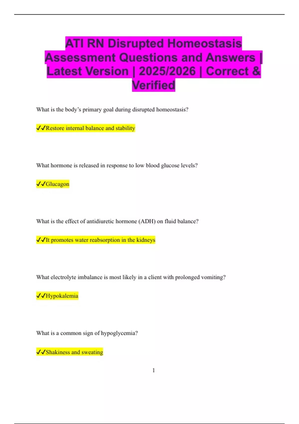 ATI RN Disrupted Homeostasis Assessment Questions and Answers | Latest ...