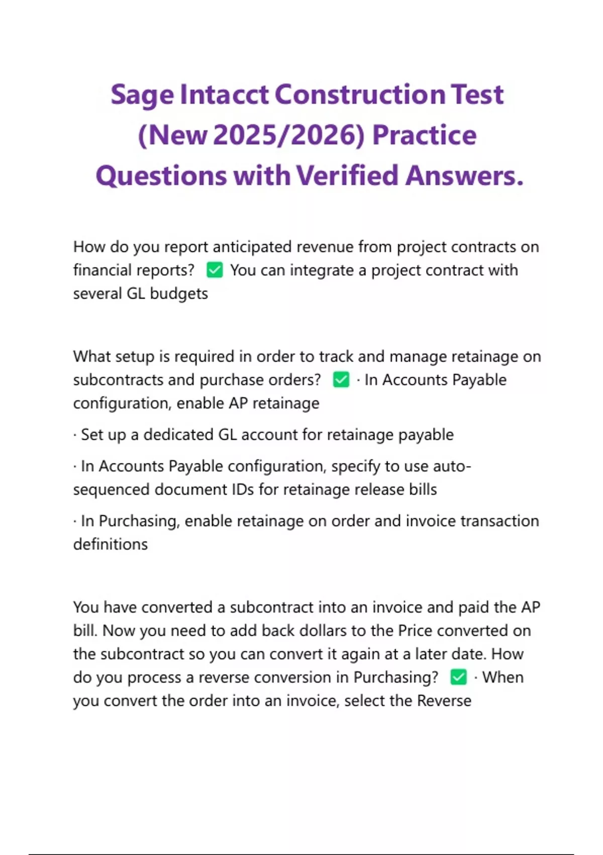 Sage Intacct Construction Test (New 2025/2026) Practice Questions with ...