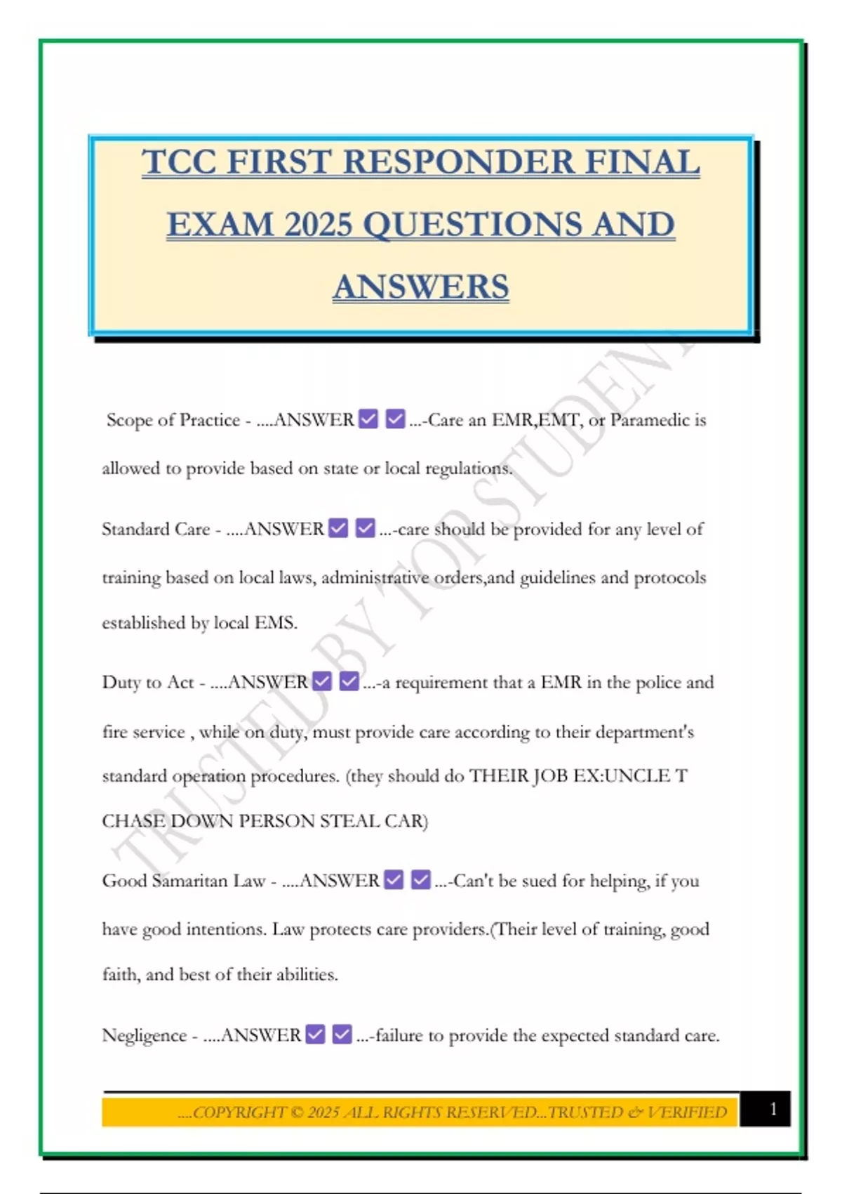 TCC FIRST RESPONDER FINAL EXAM 2025 QUESTIONS AND ANSWERS - FIRST AID ...