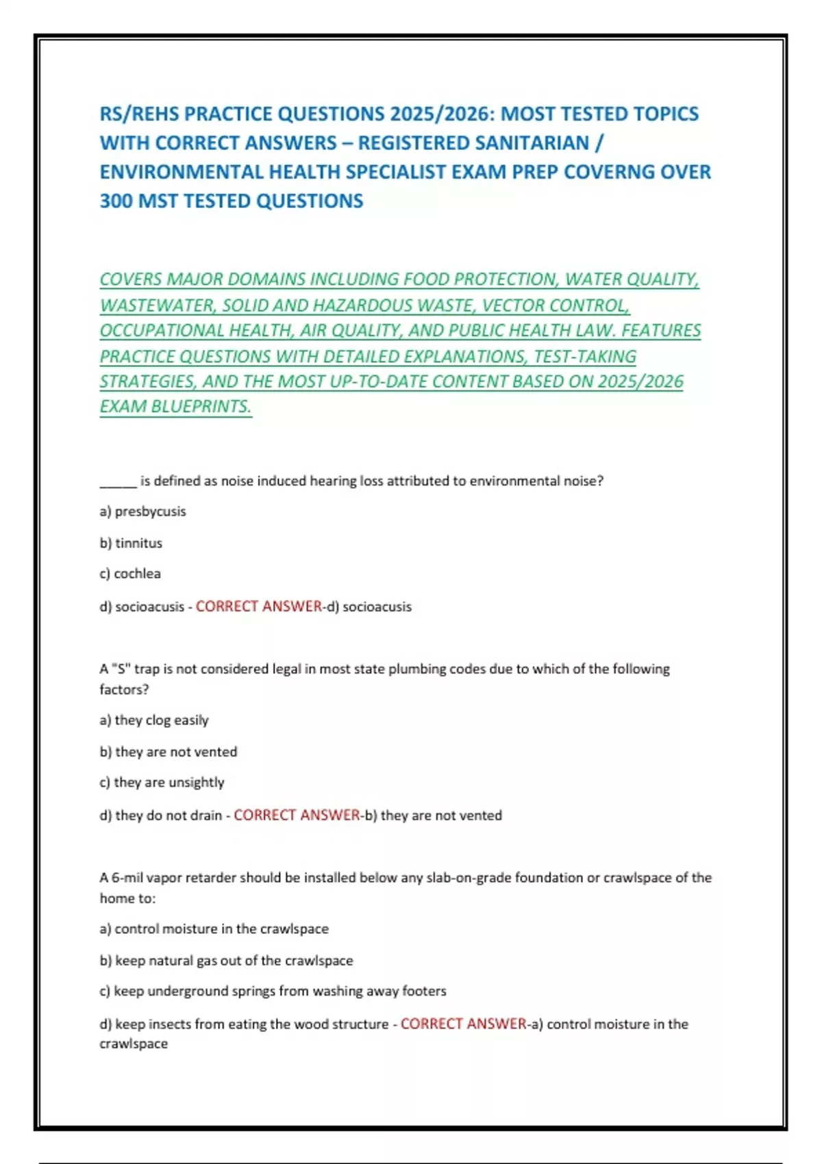 RS/REHS PRACTICE QUESTIONS 2025/2026: MOST TESTED TOPICS WITH CORRECT ...