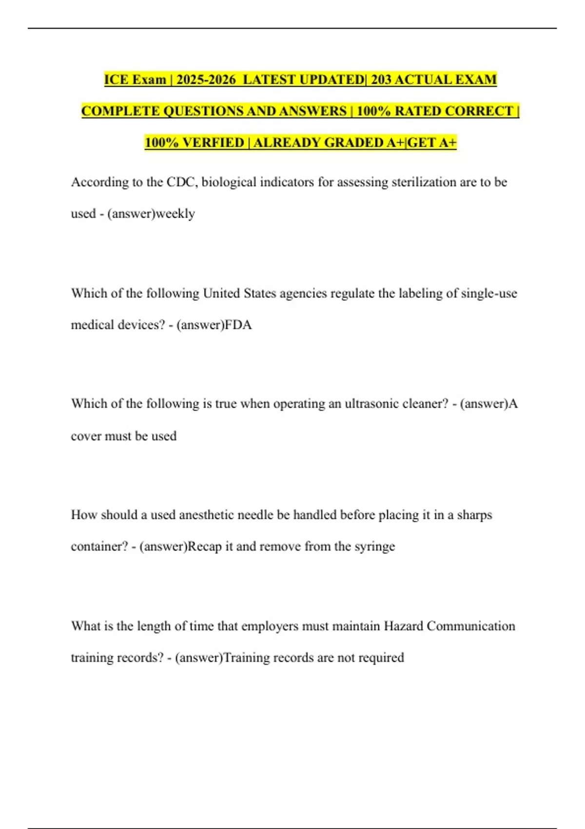 ICE Exam | LATEST UPDATED| 203 ACTUAL EXAM COMPLETE QUESTIONS AND ...
