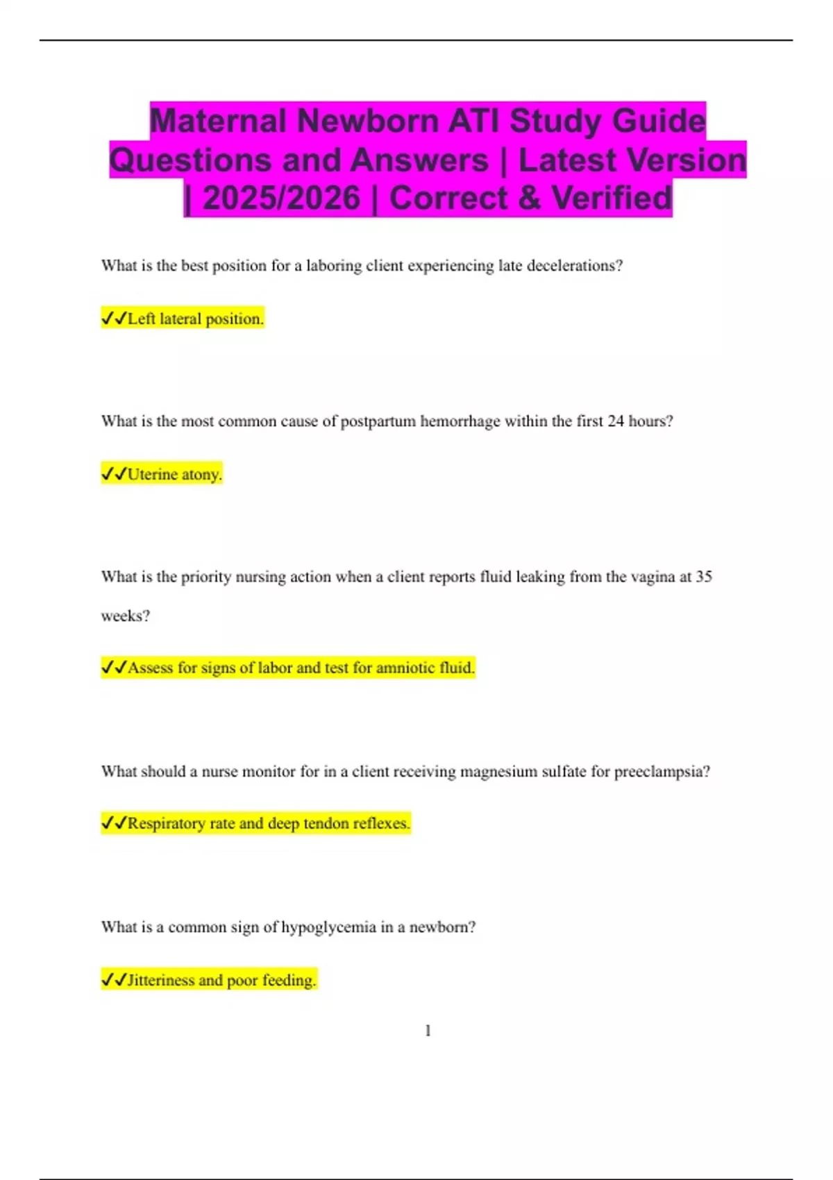 Maternal Newborn ATI Study Guide Questions and Answers | Latest Version ...