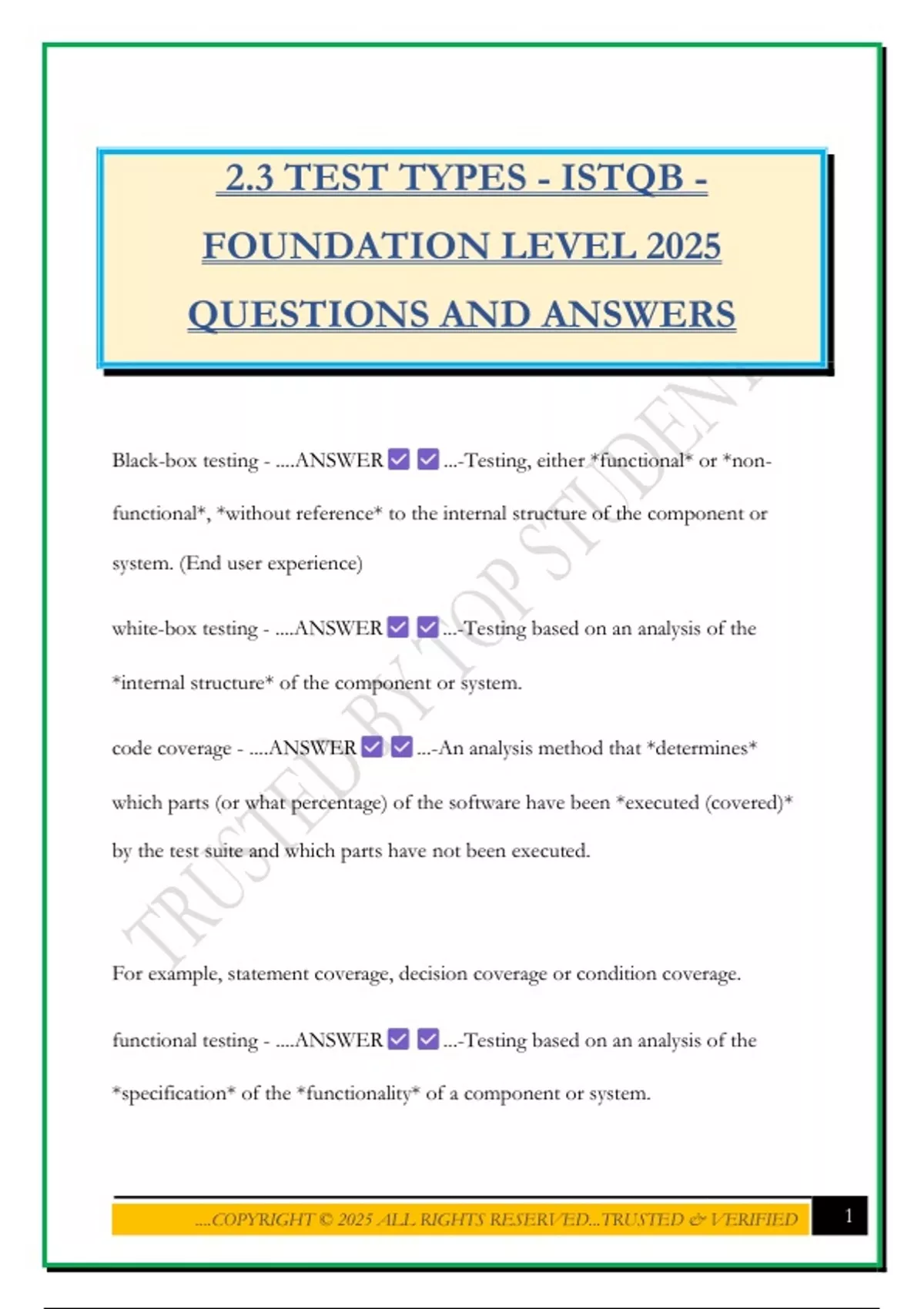 2.3 TEST TYPES - ISTQB - FOUNDATION LEVEL 2025 QUESTIONS AND ANSWERS ...