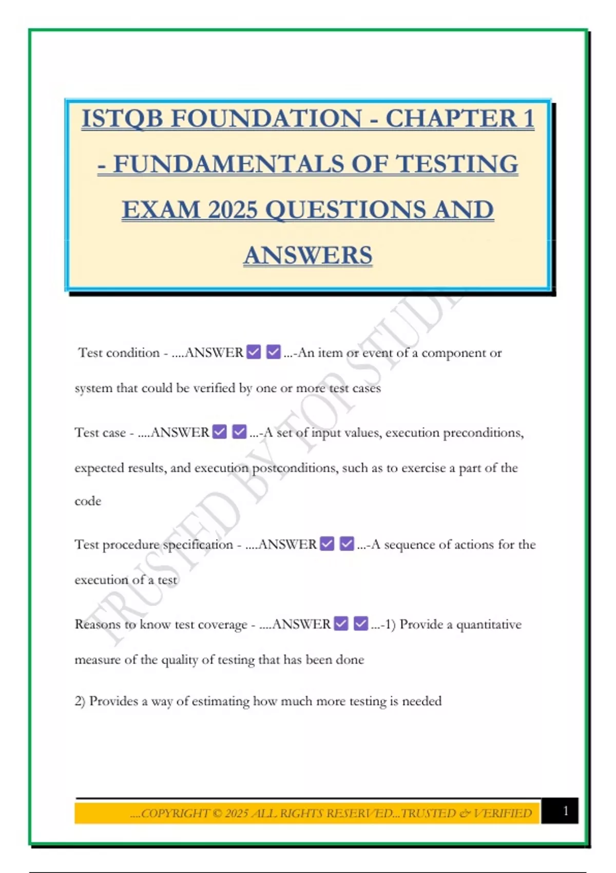 ISTQB FOUNDATION - CHAPTER 1 - FUNDAMENTALS OF TESTING EXAM 2025 ...