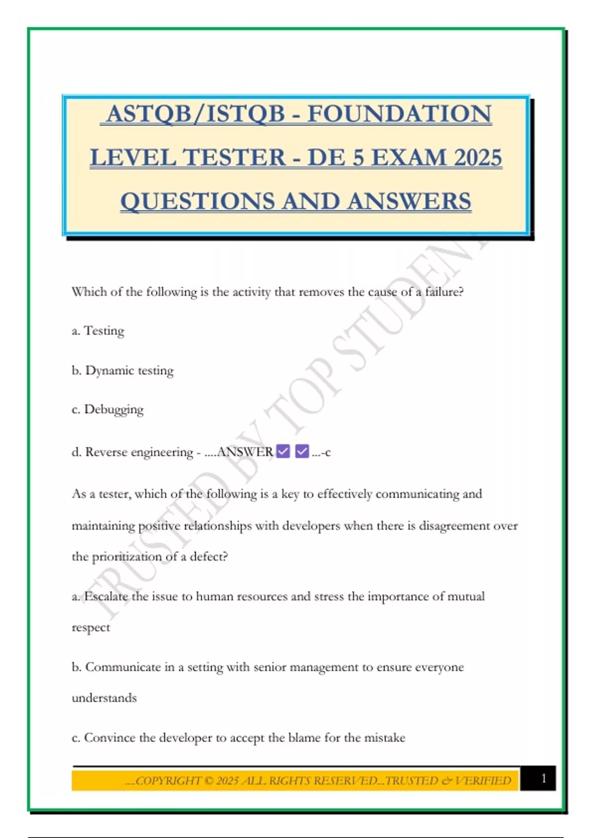 ASTQB/ISTQB - FOUNDATION LEVEL TESTER - DE 5 EXAM 2025 QUESTIONS AND ...