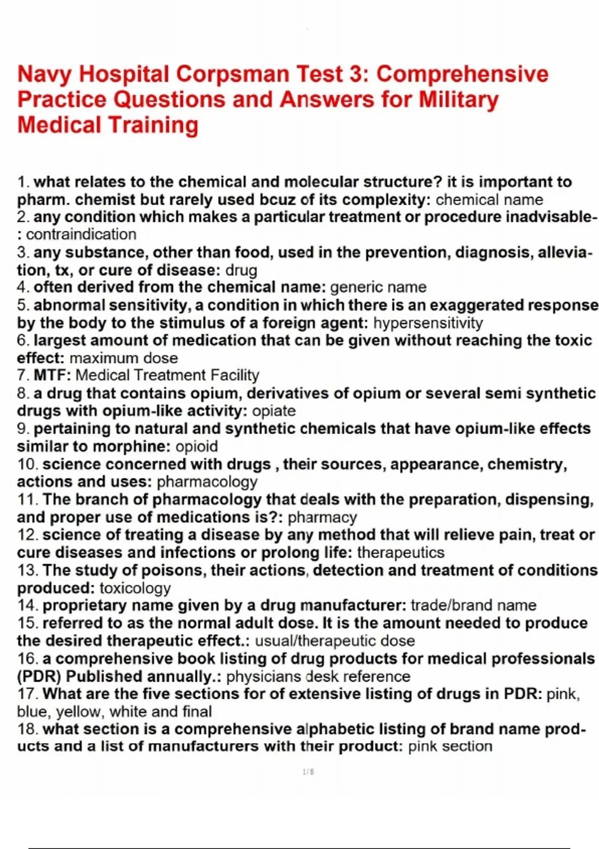Navy Hospital Corpsman Test 3 Comprehensive Practice Questions and ...