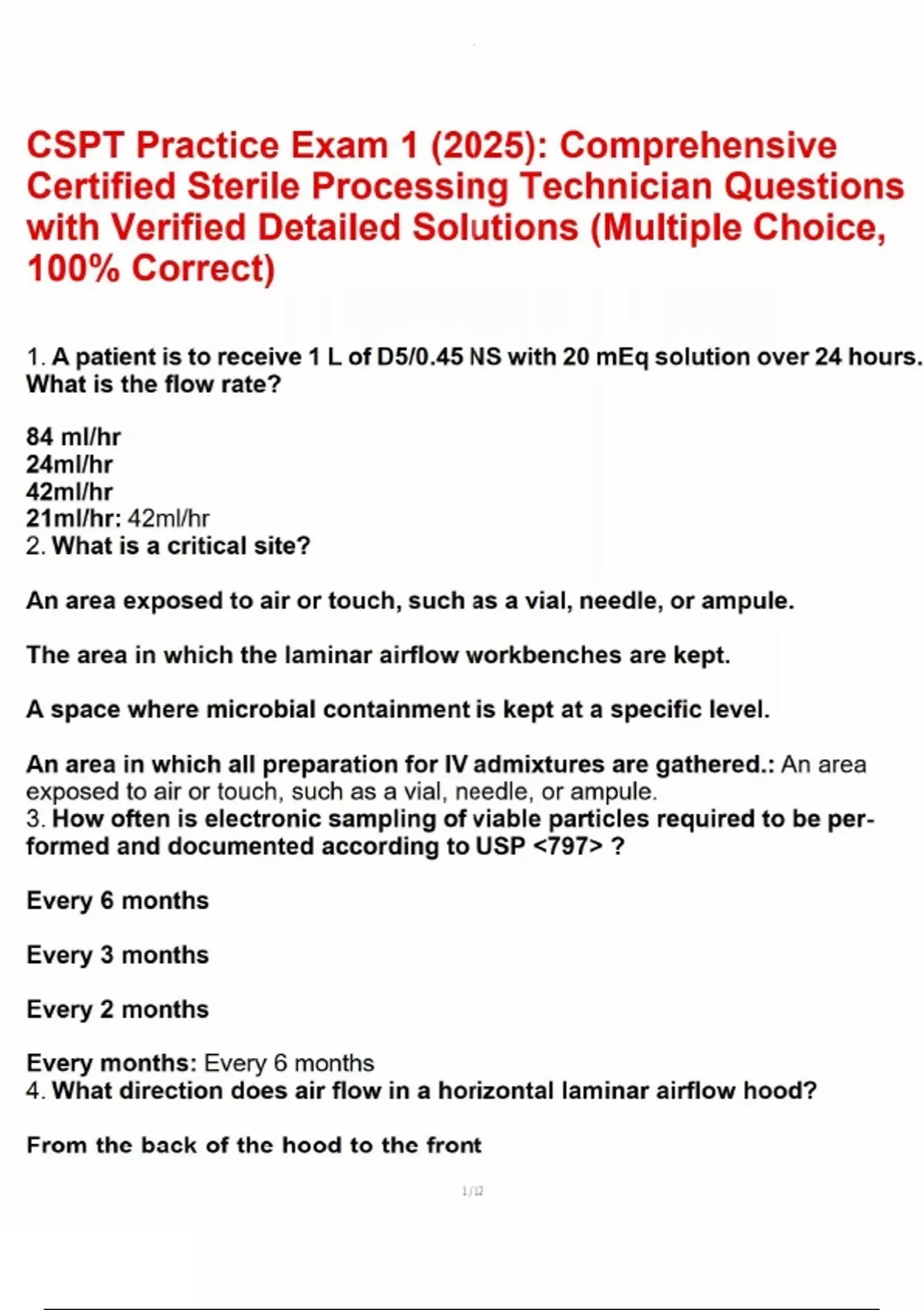 CSPT Practice Exam 1 (2025) Comprehensive Certified Sterile Processing Technician Questions with ...