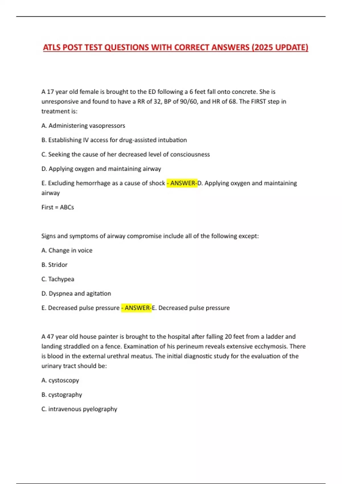 ATLS POST TEST QUESTIONS WITH CORRECT ANSWERS (2025 UPDATE) - Nursing ...